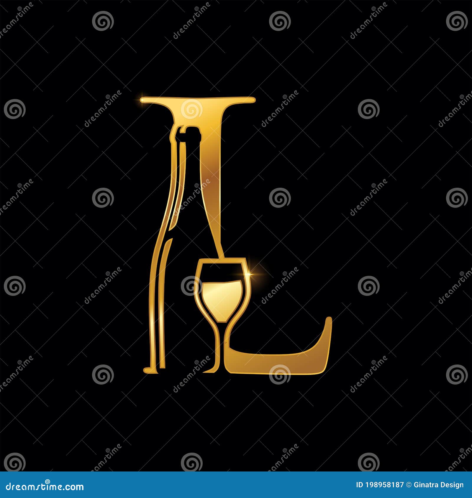 Gold Letter L with Wine Bottle and Glass Stock Vector - Illustration of ...