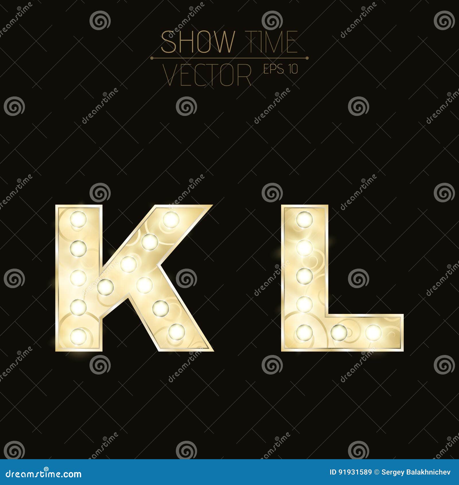 Gold Letters K and L with Sparkling Light Bulbs and a Pattern. Alphabet ...