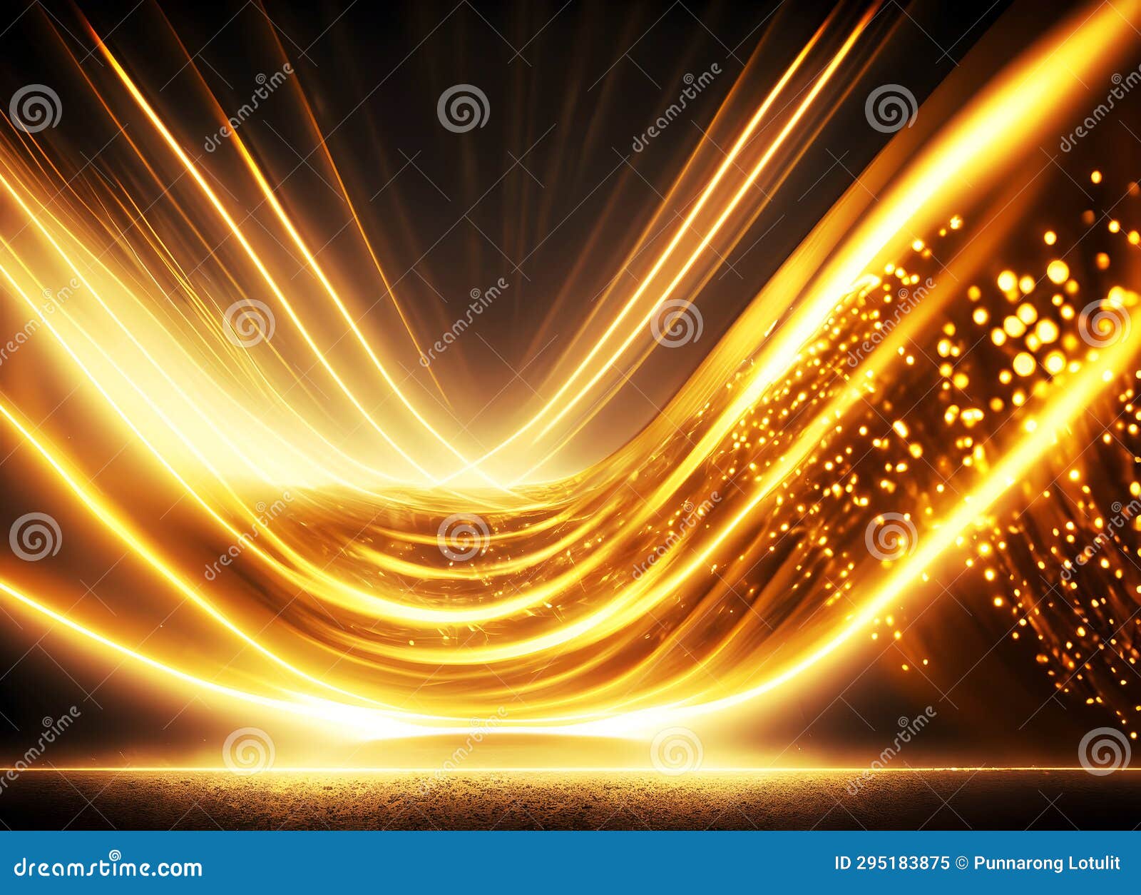 Gold Lights Rays Scene Background and Neon Wave Light on Digital Art ...