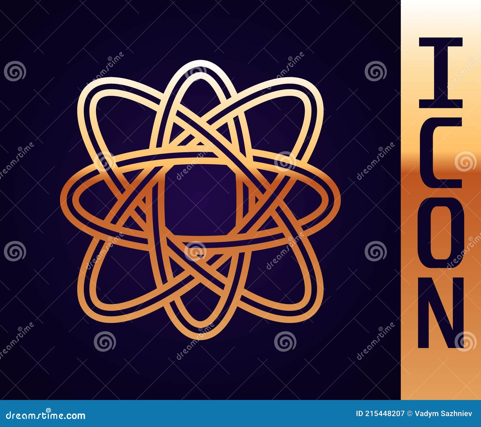 Gold Line Atom Icon Isolated on Black Background. Symbol of Science ...
