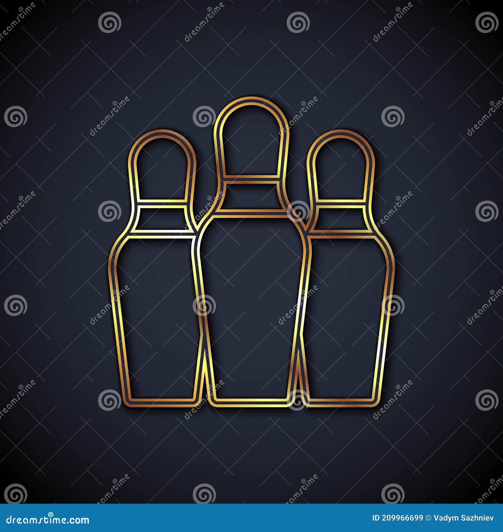 Gold Line Bowling Pin Icon Isolated on Black Background. Vector Stock ...