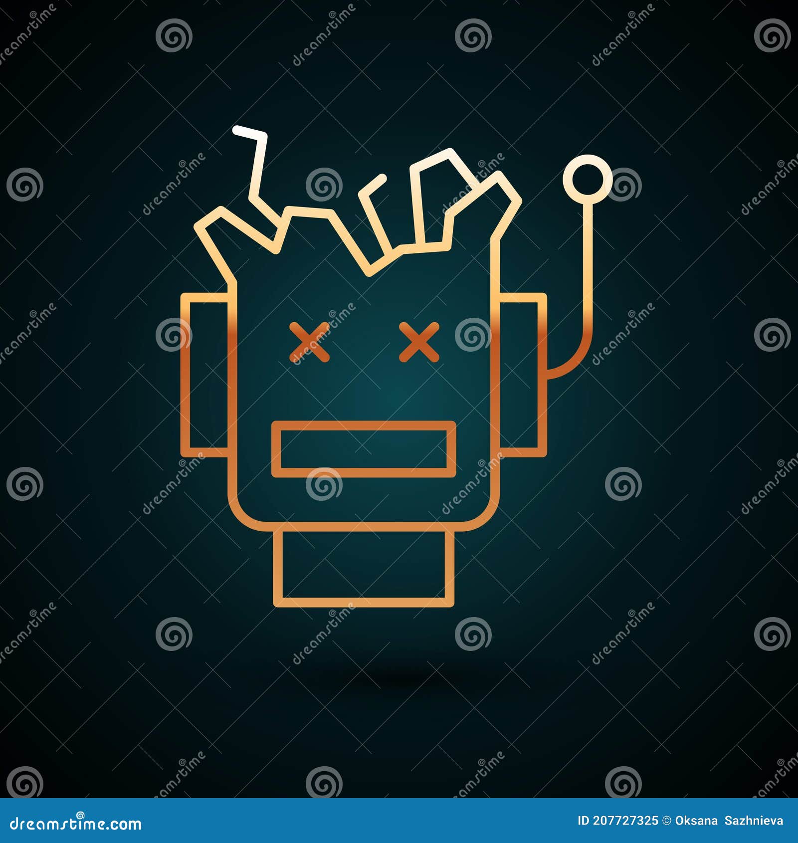 Gold Line Broken Robot Icon Isolated on Dark Blue Background ...