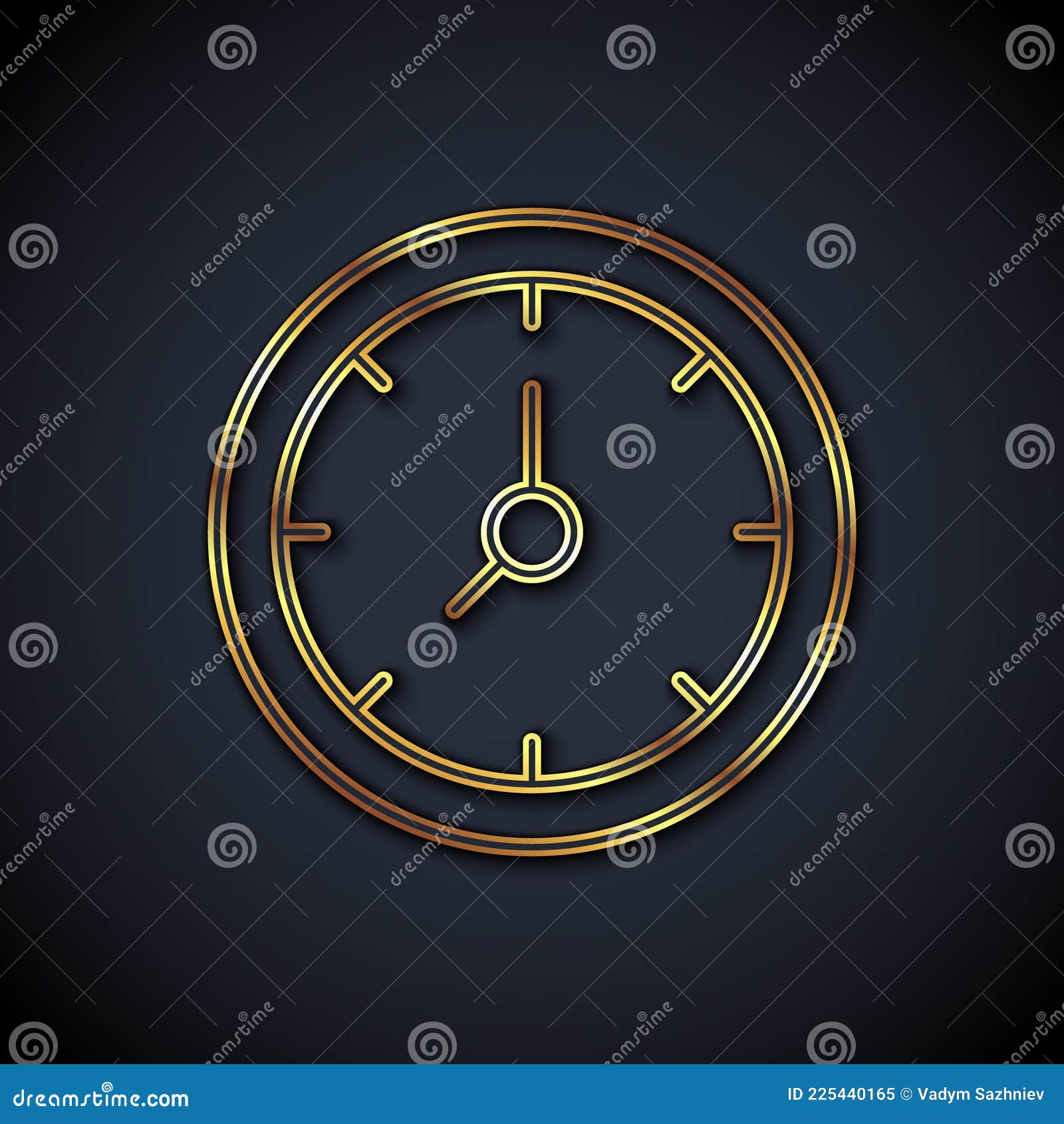 Gold Line Clock Icon Isolated on Black Background. Time Symbol Stock ...