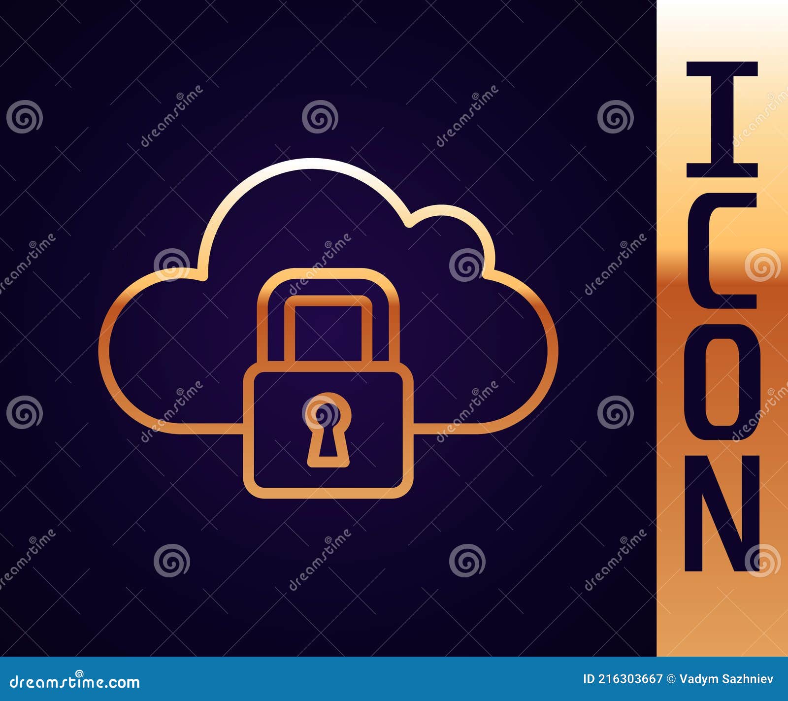 Gold Line Cloud Computing Lock Icon Isolated on Black Background ...