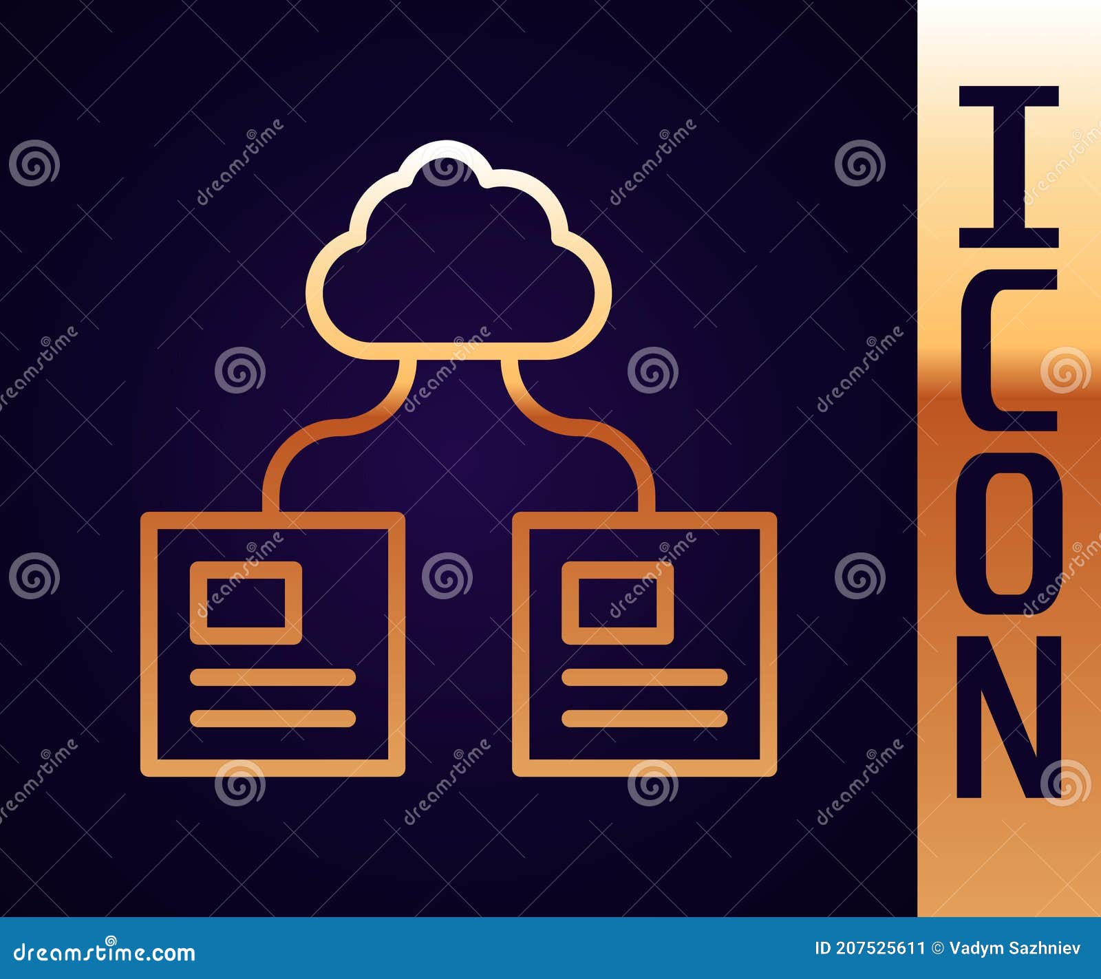 Gold Line Cloud Technology Data Transfer and Storage Icon Isolated on Black Background. Vector ...