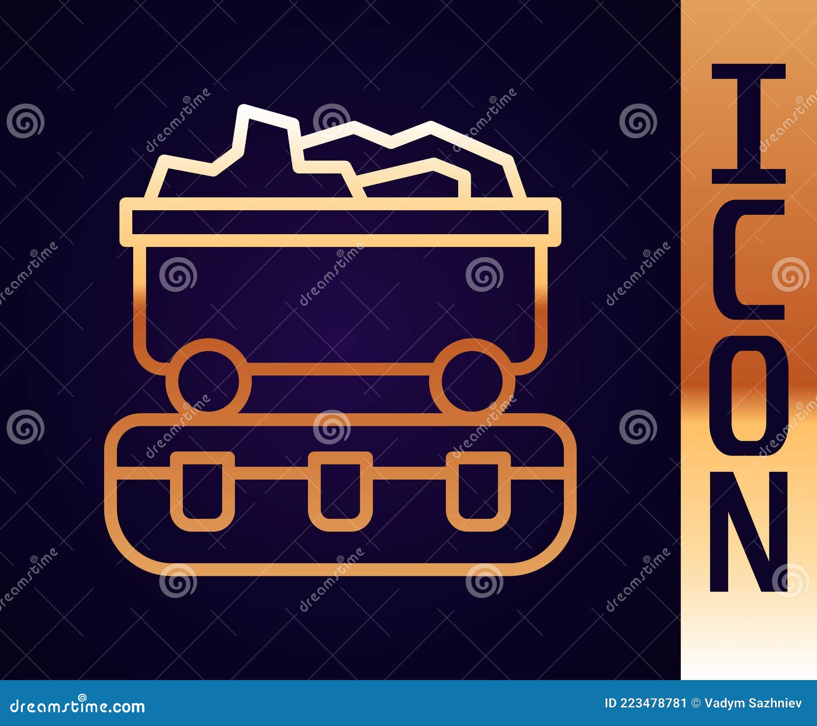 Gold Line Coal Train Wagon Icon Isolated on Black Background. Rail ...
