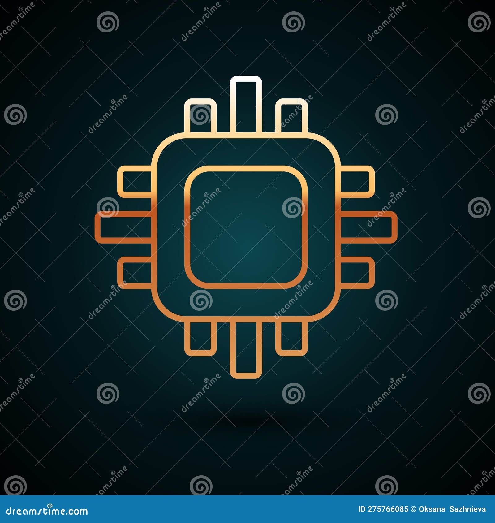 Gold Line Computer Processor With Microcircuits Cpu Icon Isolated On Dark Blue Background Chip