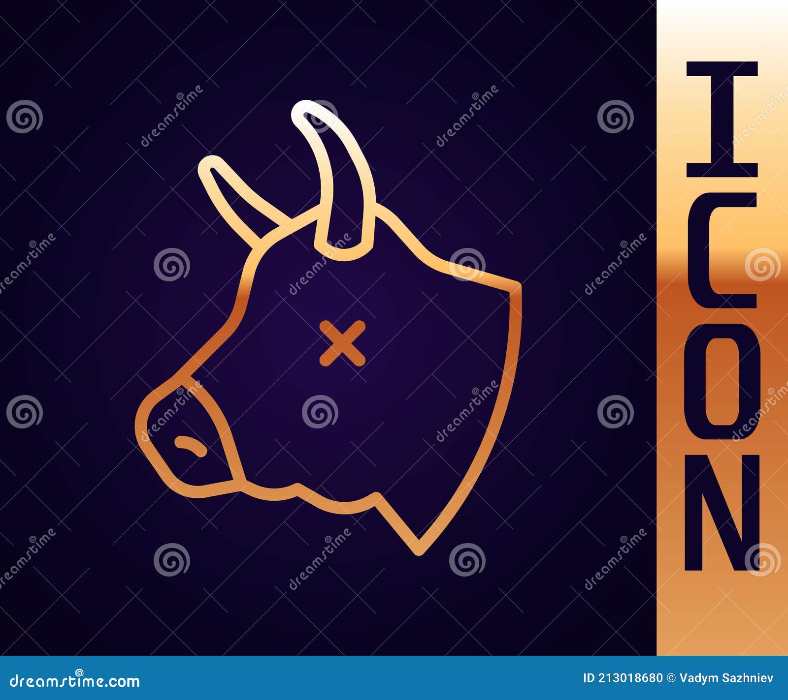 Gold Line Cow Head Icon Isolated on Black Background. Vector Stock ...