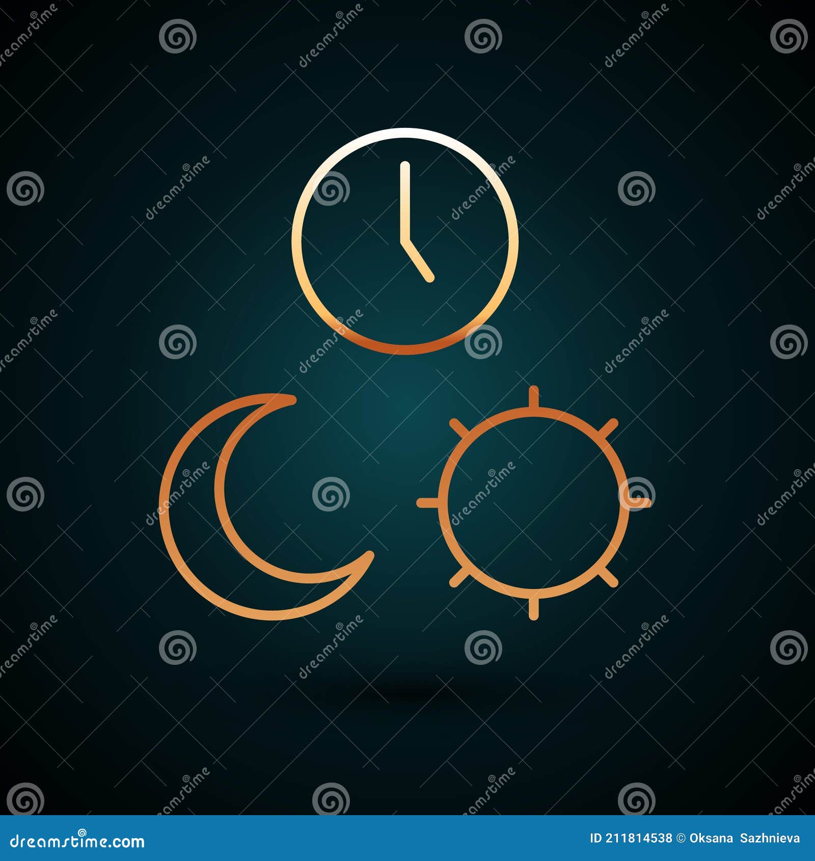 Gold Line Day and Night with Time Icon Isolated on Dark Blue Background ...