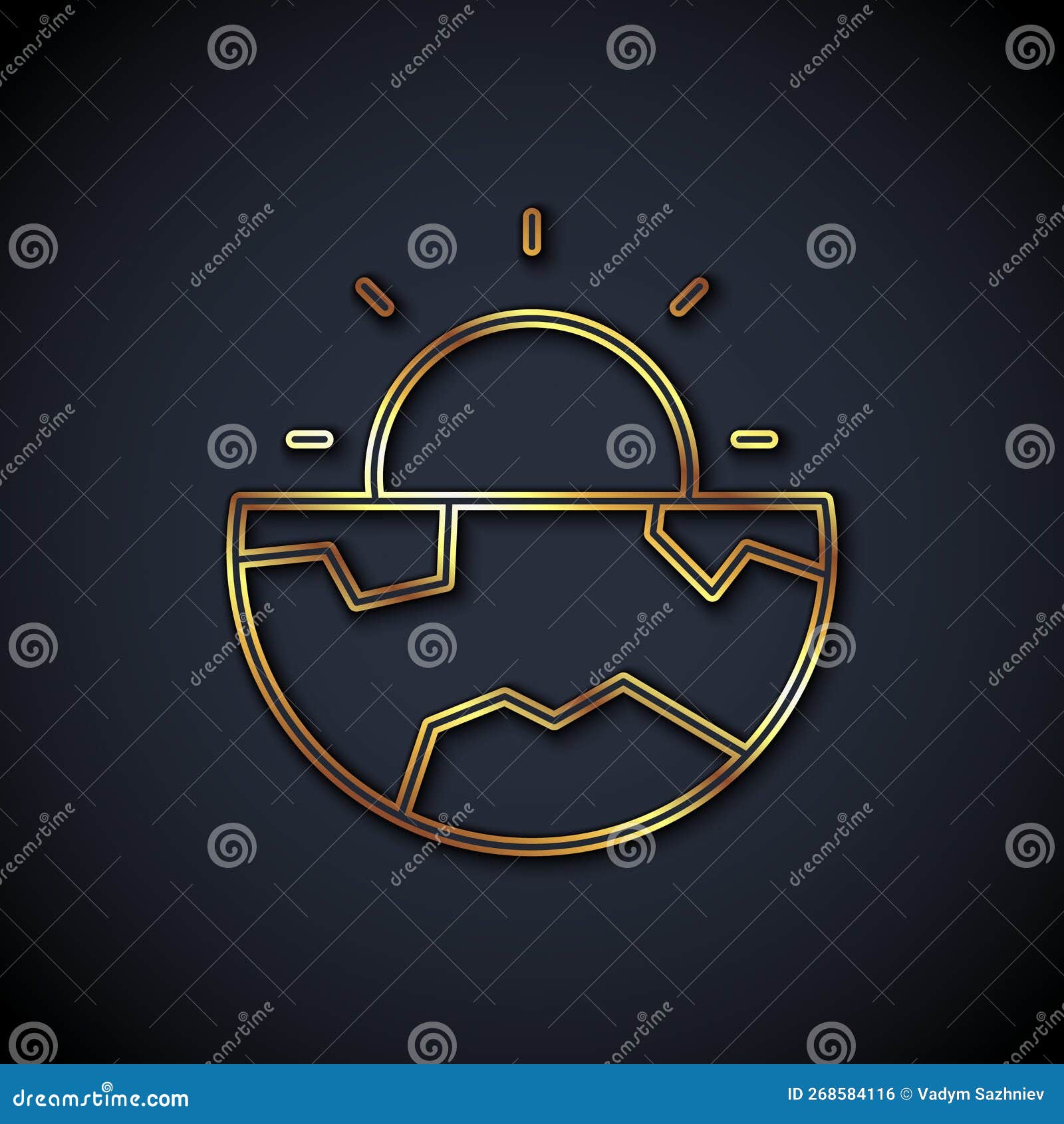 Gold Line Earth Core Structure Crust Icon Isolated on Black Background ...