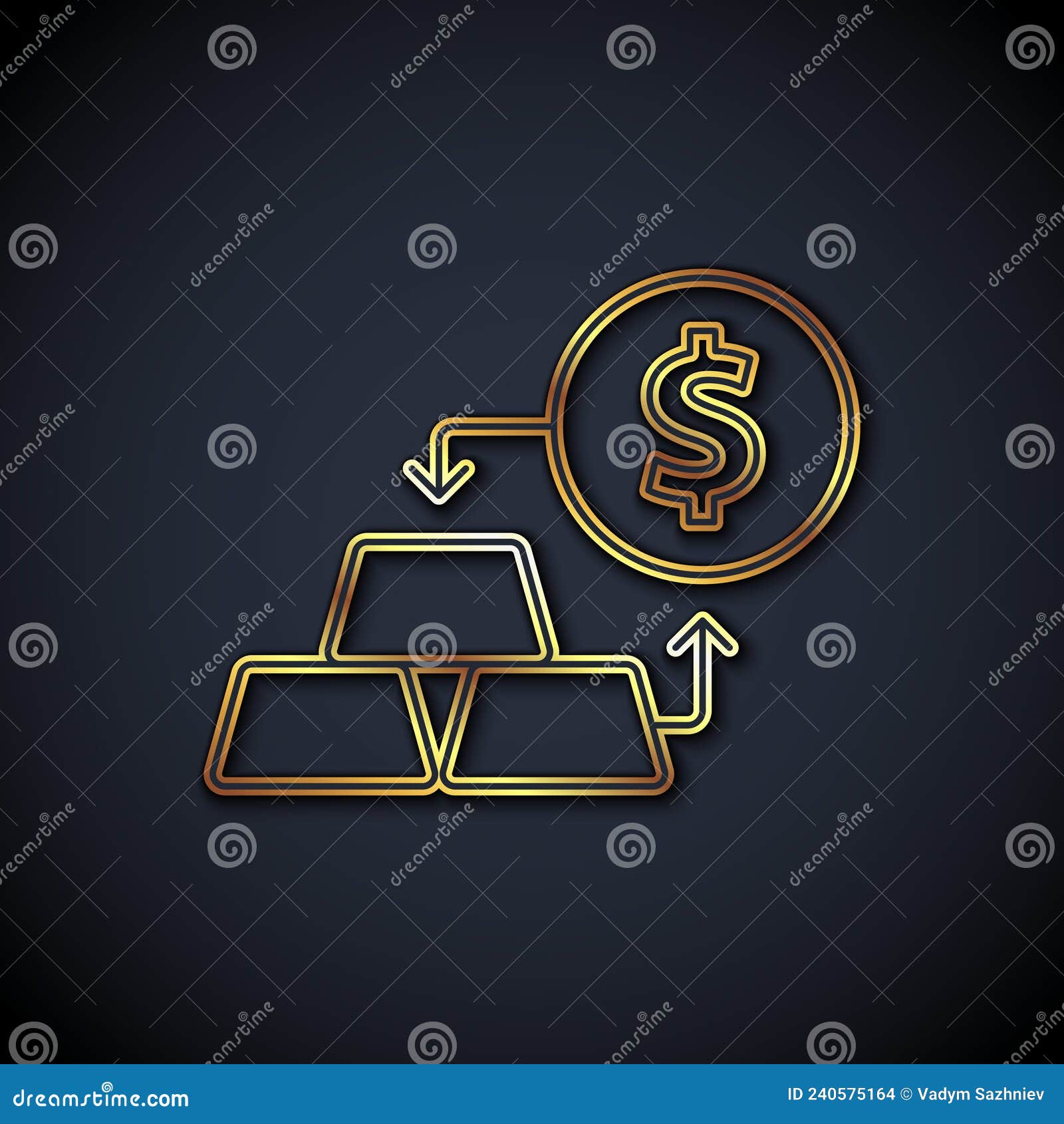 Gold Line Gold Exchange Money Icon Isolated on Black Background. Money ...