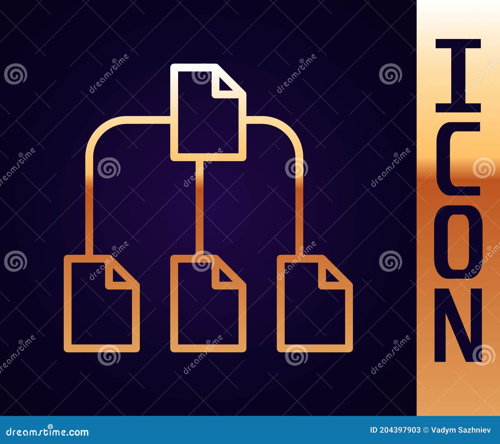 Gold Line Folder Tree Icon Isolated On Black Background Computer Network File Folder