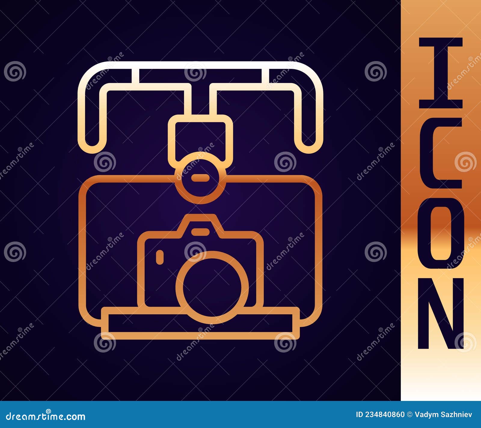 Gold Line Gimbal Stabilizer with DSLR Camera Icon Isolated on Black ...