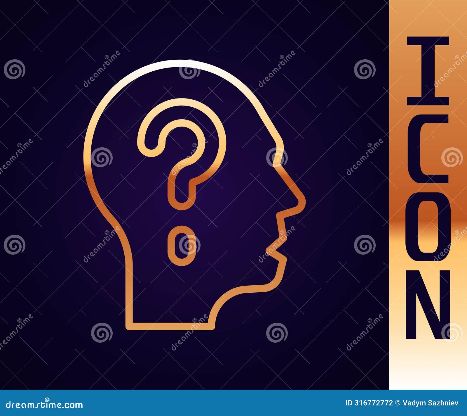 Gold Line Human Head with Question Mark Icon Isolated on Black ...
