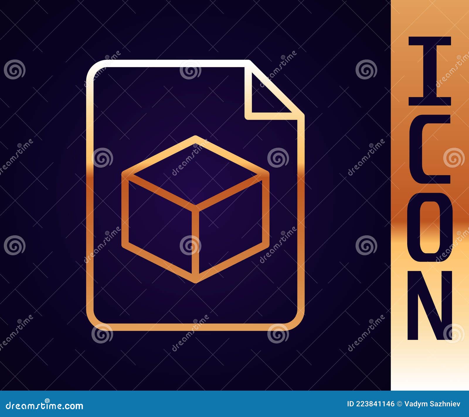 Gold Line Isometric Cube File Icon Isolated on Black Background ...