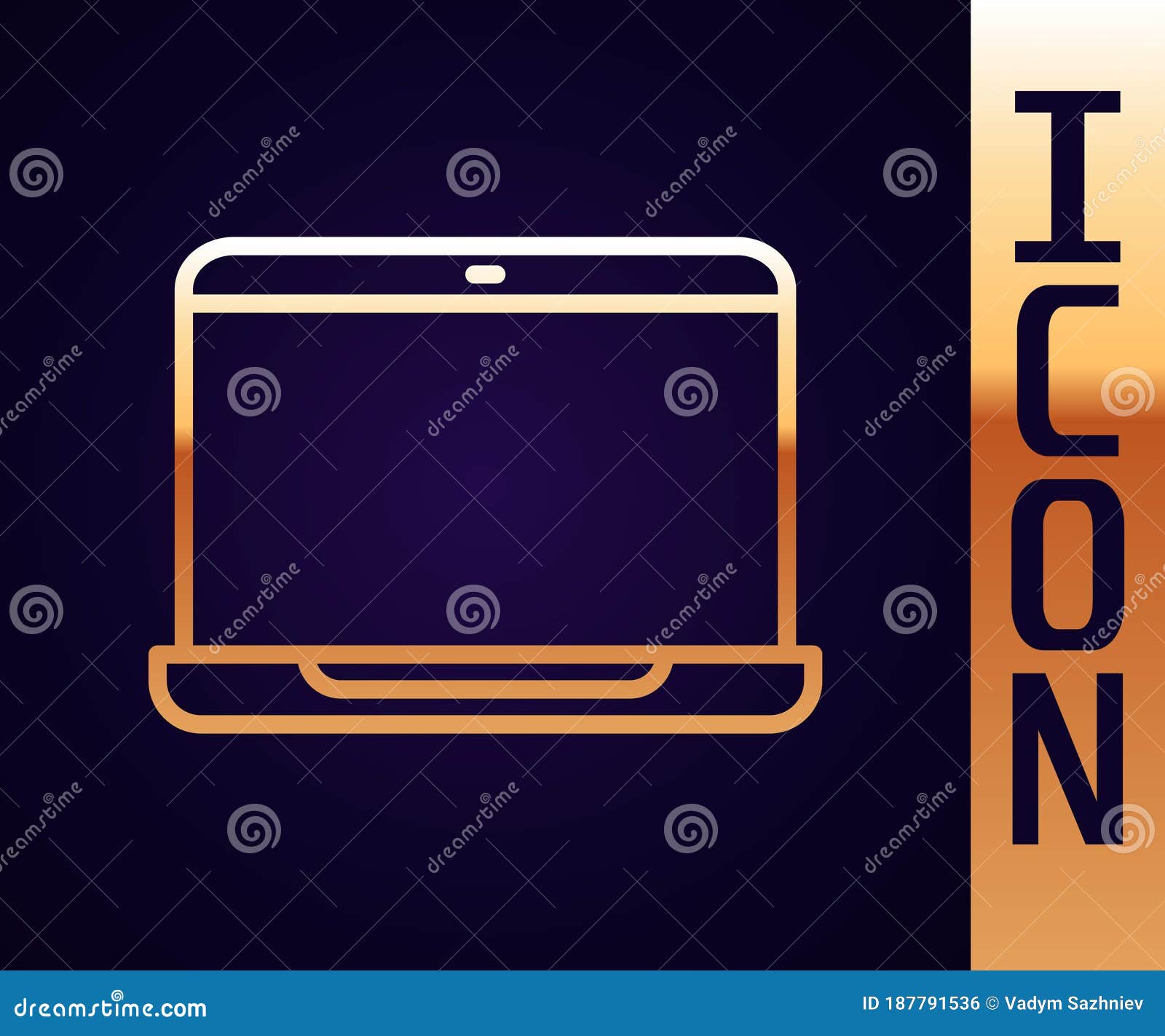 Gold Line Laptop Icon Isolated on Black Background. Computer Notebook ...