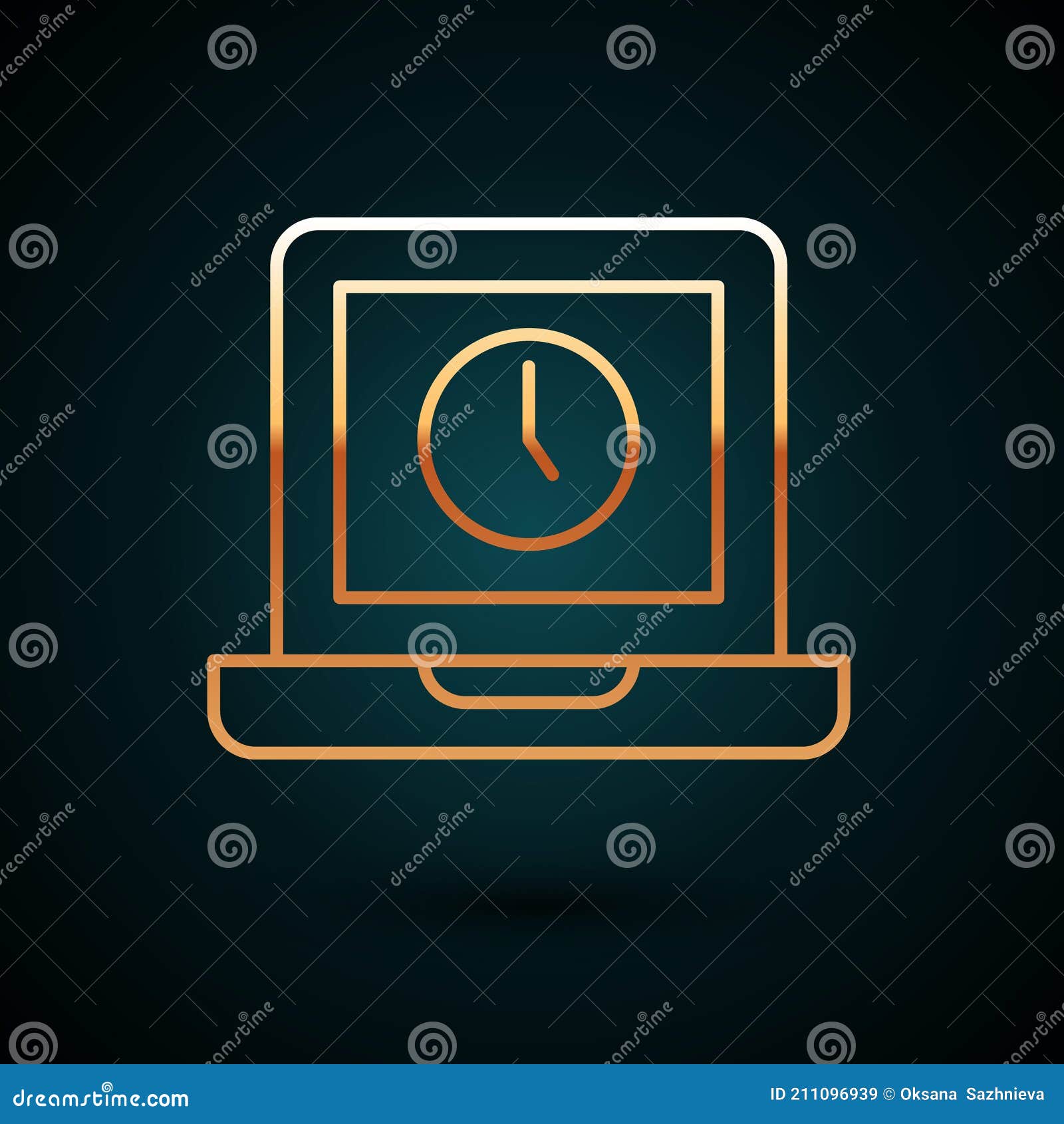 Gold Line Laptop Time Icon Isolated on Dark Blue Background. Computer ...