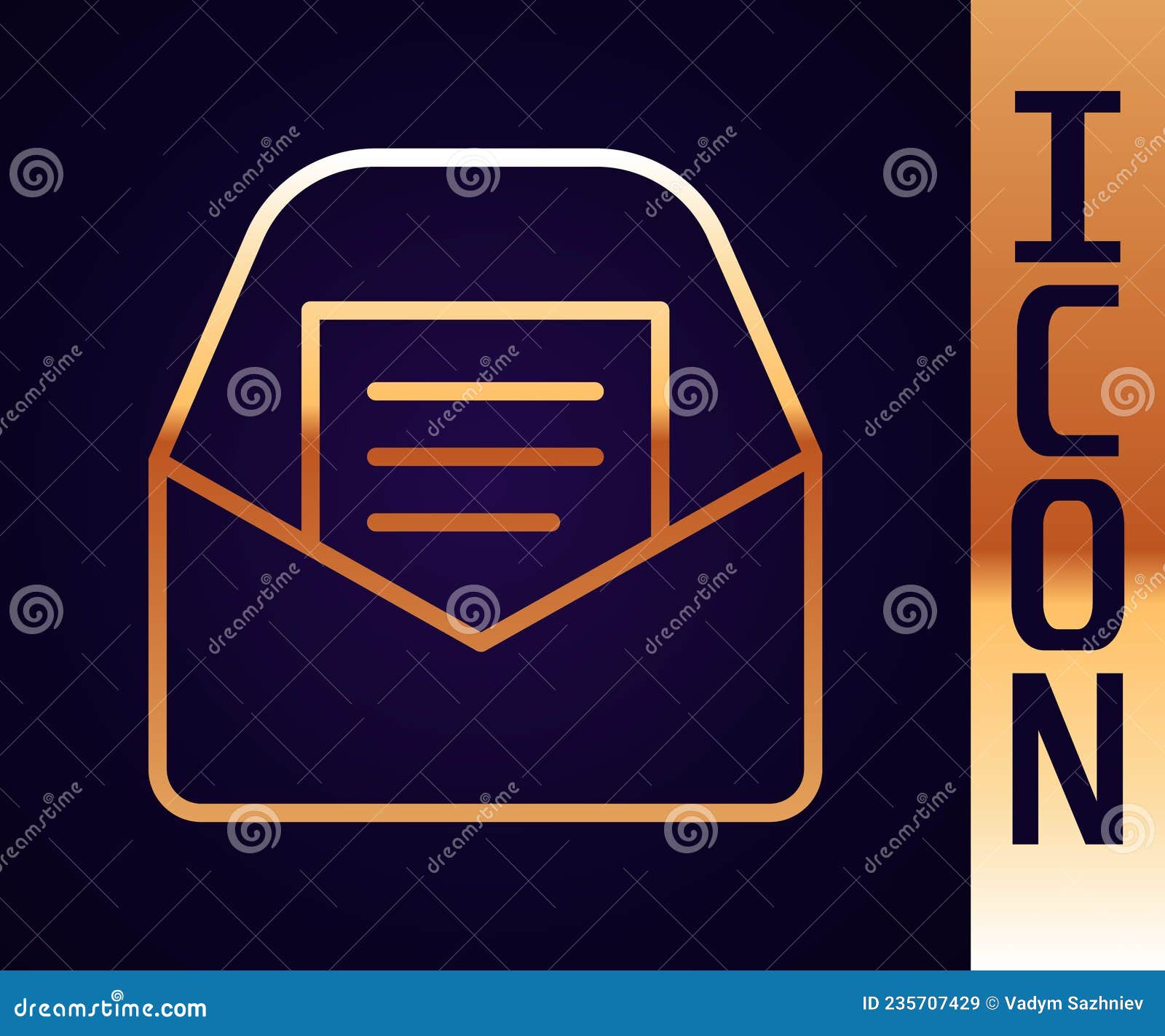 Gold Line Mail and E-mail Icon Isolated on Black Background. Envelope ...