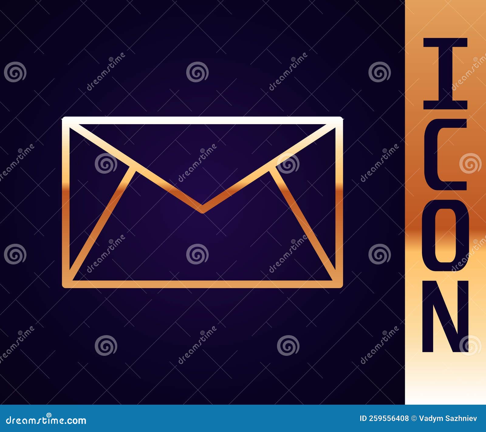 Gold Line Mail and E-mail Icon Isolated on Black Background. Envelope ...