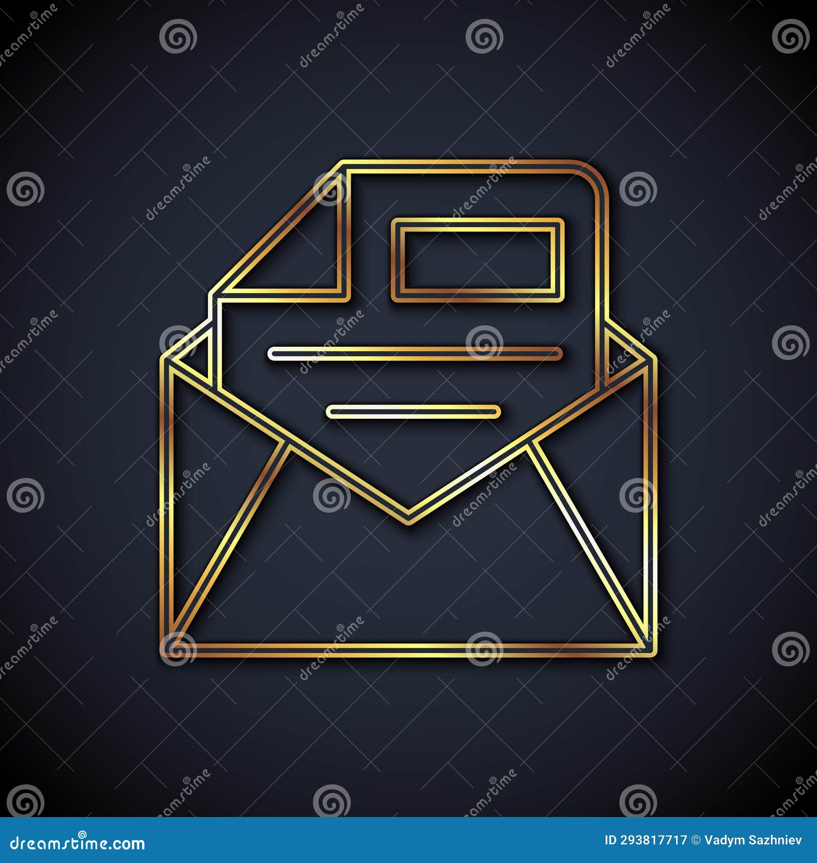 Gold Line Mail and E-mail Icon Isolated on Black Background. Envelope ...