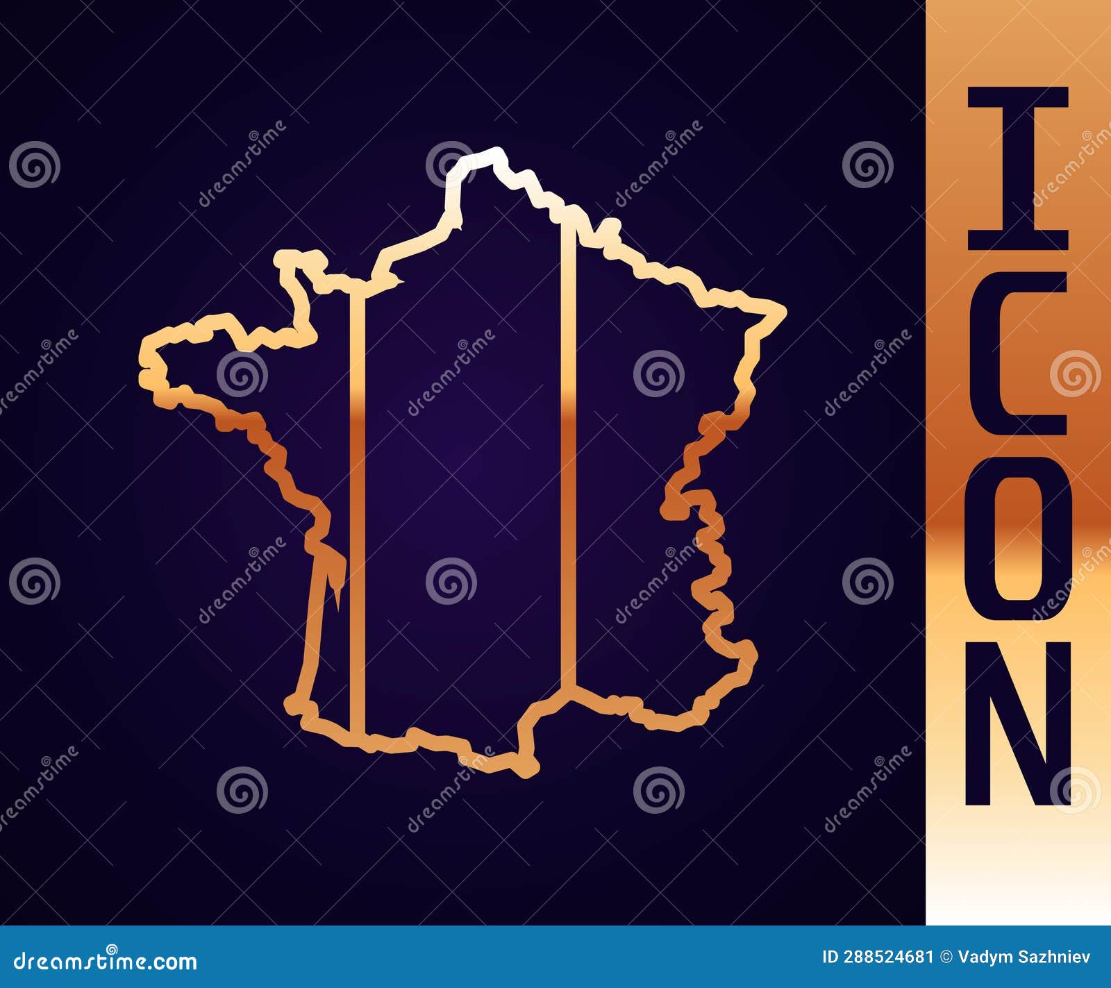 Gold Line Map of France Icon Isolated on Black Background. Vector Stock ...