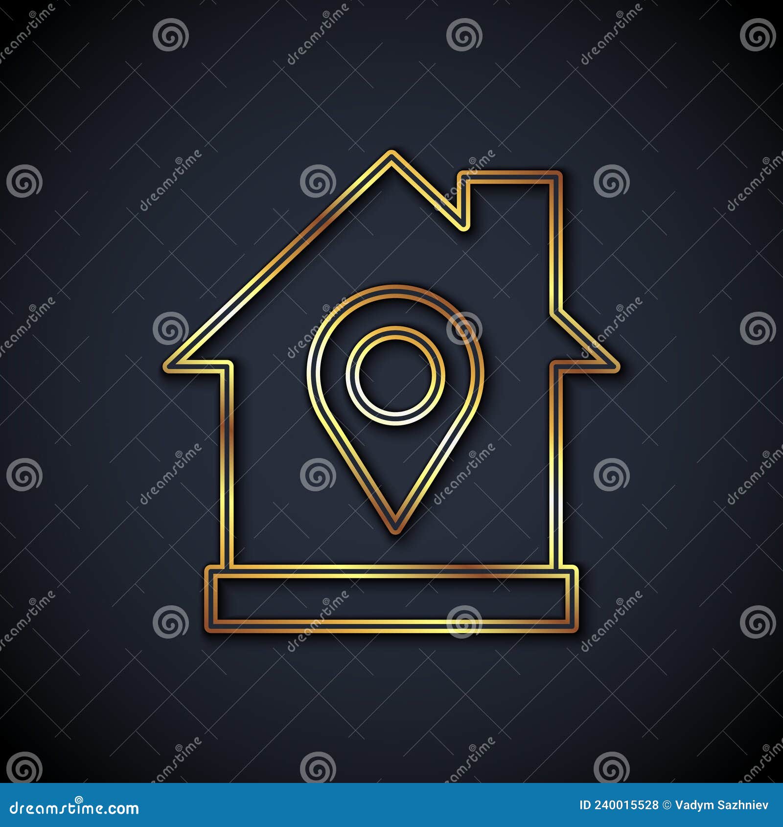 Gold Line Map Pointer with House Icon Isolated on Black Background ...