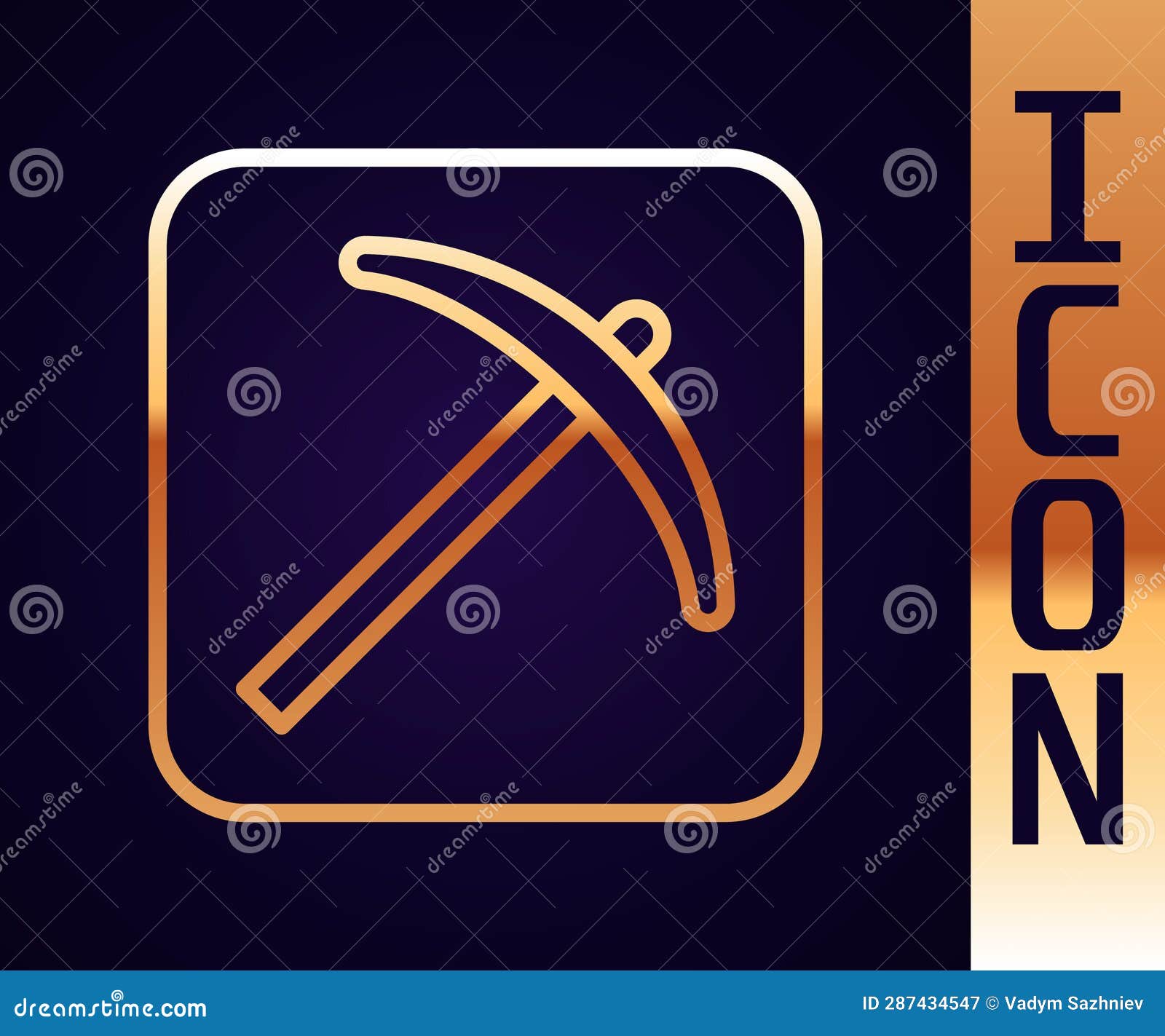 Gold Line Pickaxe Icon Isolated on Black Background. Vector Stock ...