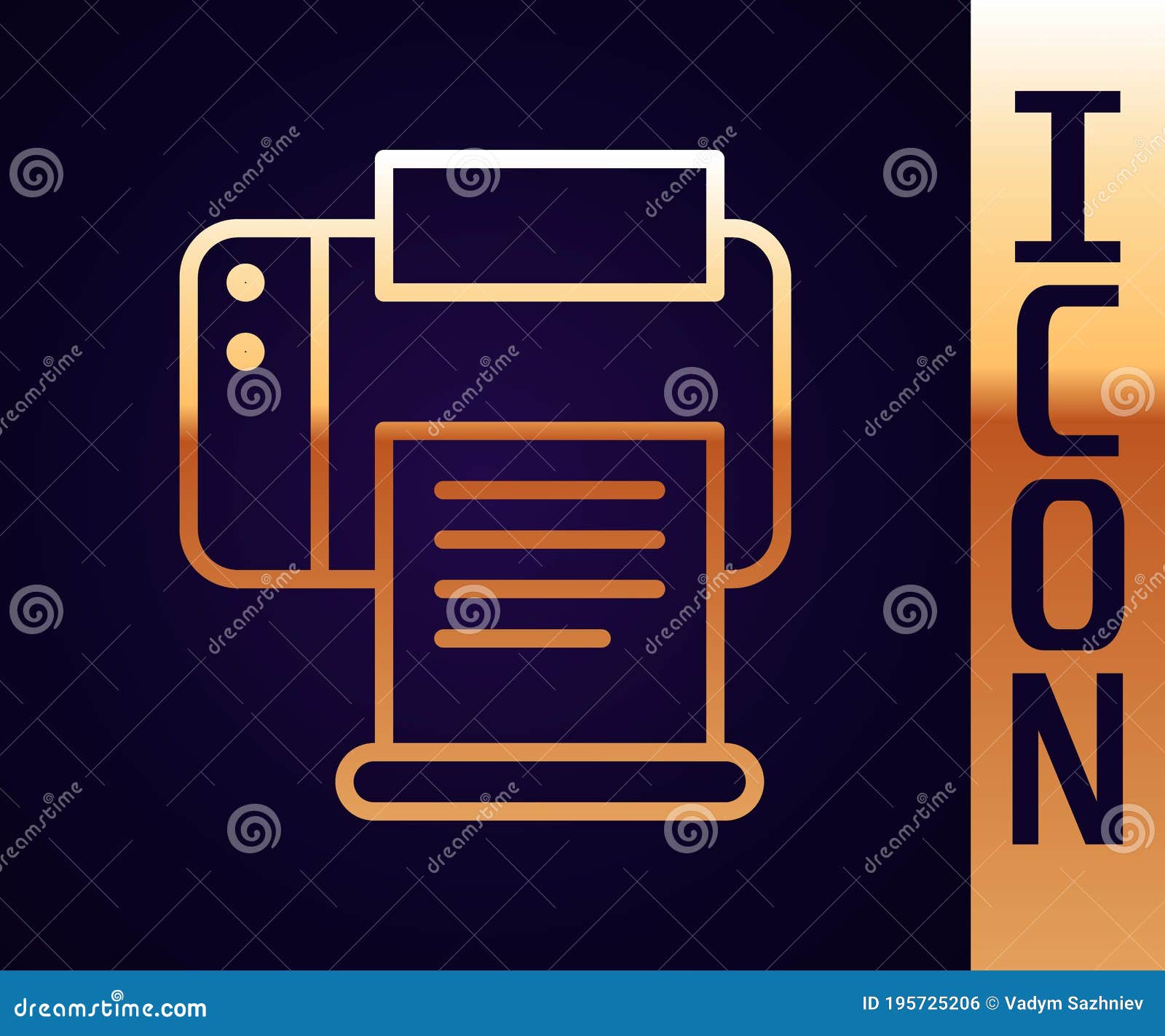 Gold Line Printer Icon Isolated on Black Background. Vector ...