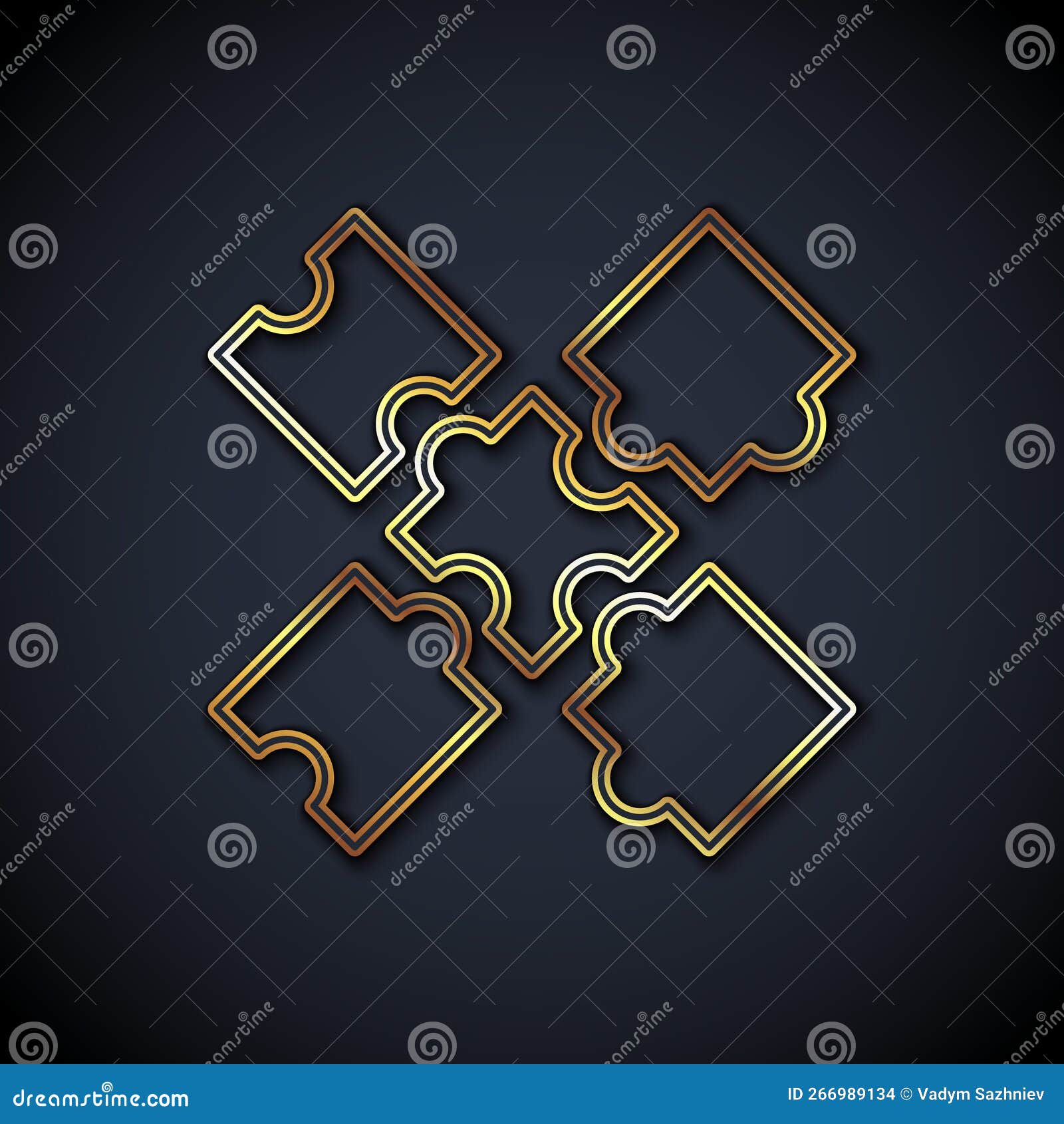 Gold Line Puzzle Pieces Toy Icon Isolated on Black Background. Vector ...