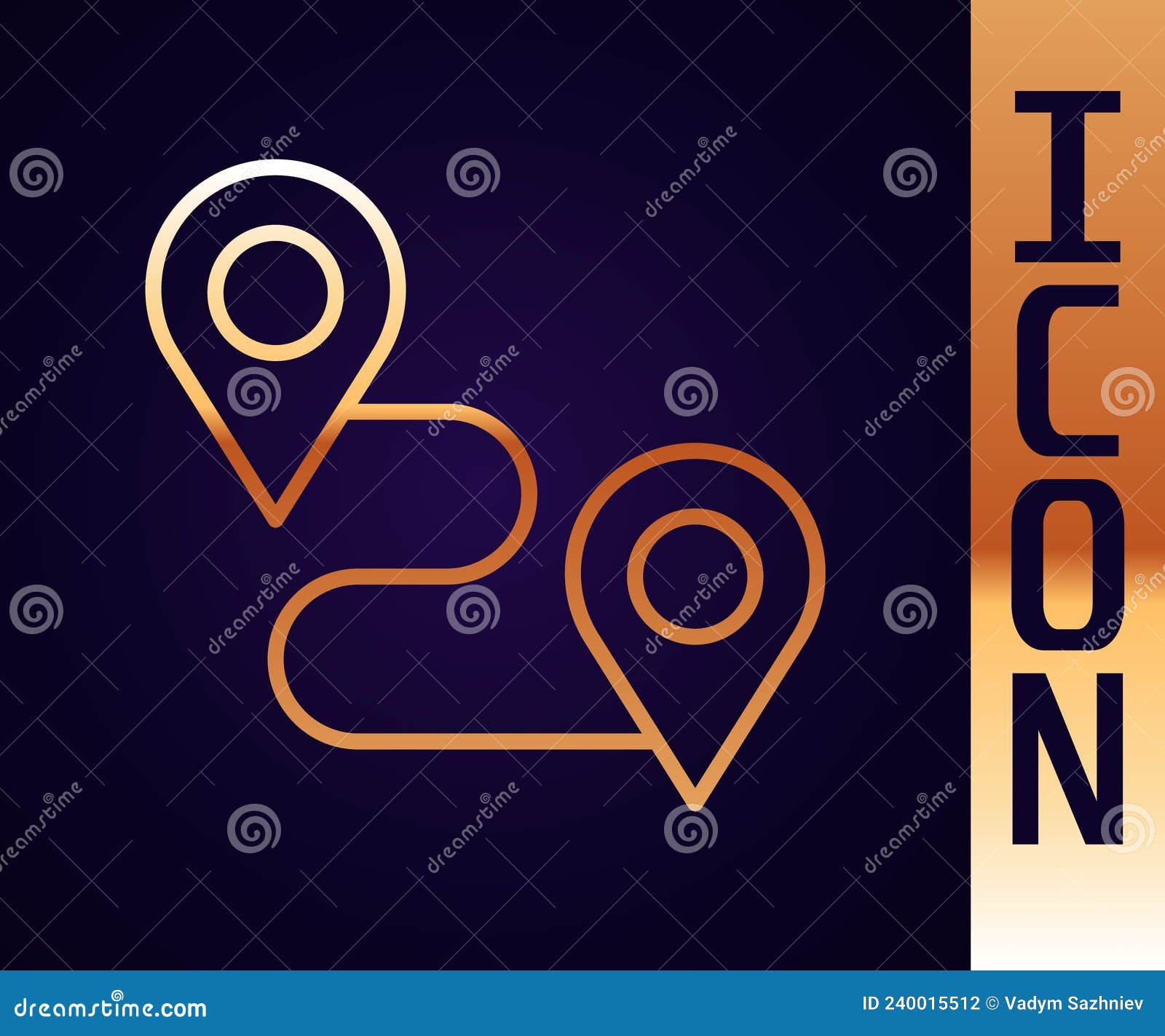 Gold Line Route Location Icon Isolated on Black Background. Map Pointer ...