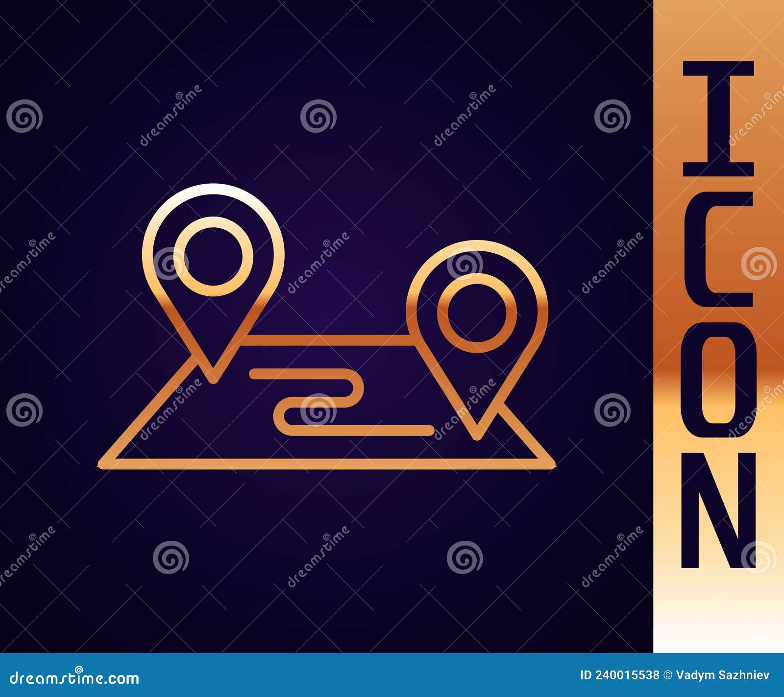 Gold Line Route Location Icon Isolated on Black Background. Map Pointer ...