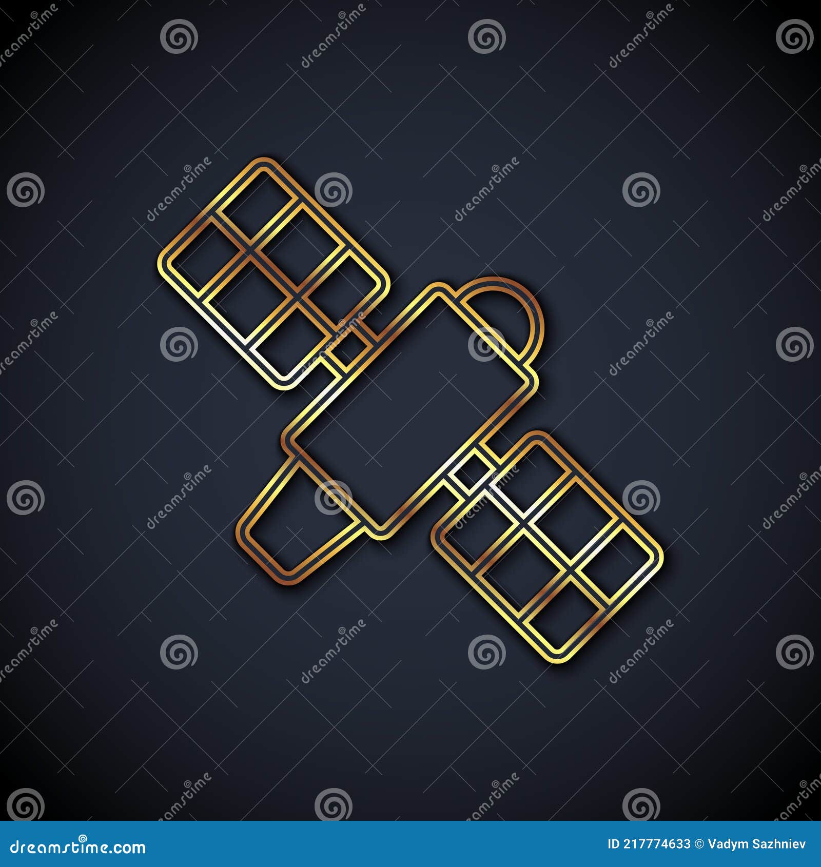 Gold Line Satellite Icon Isolated on Black Background. Vector Stock ...