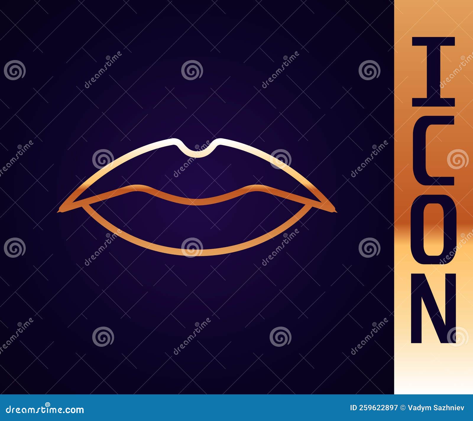 Gold Line Smiling Lips Icon Isolated on Black Background. Smile Symbol ...