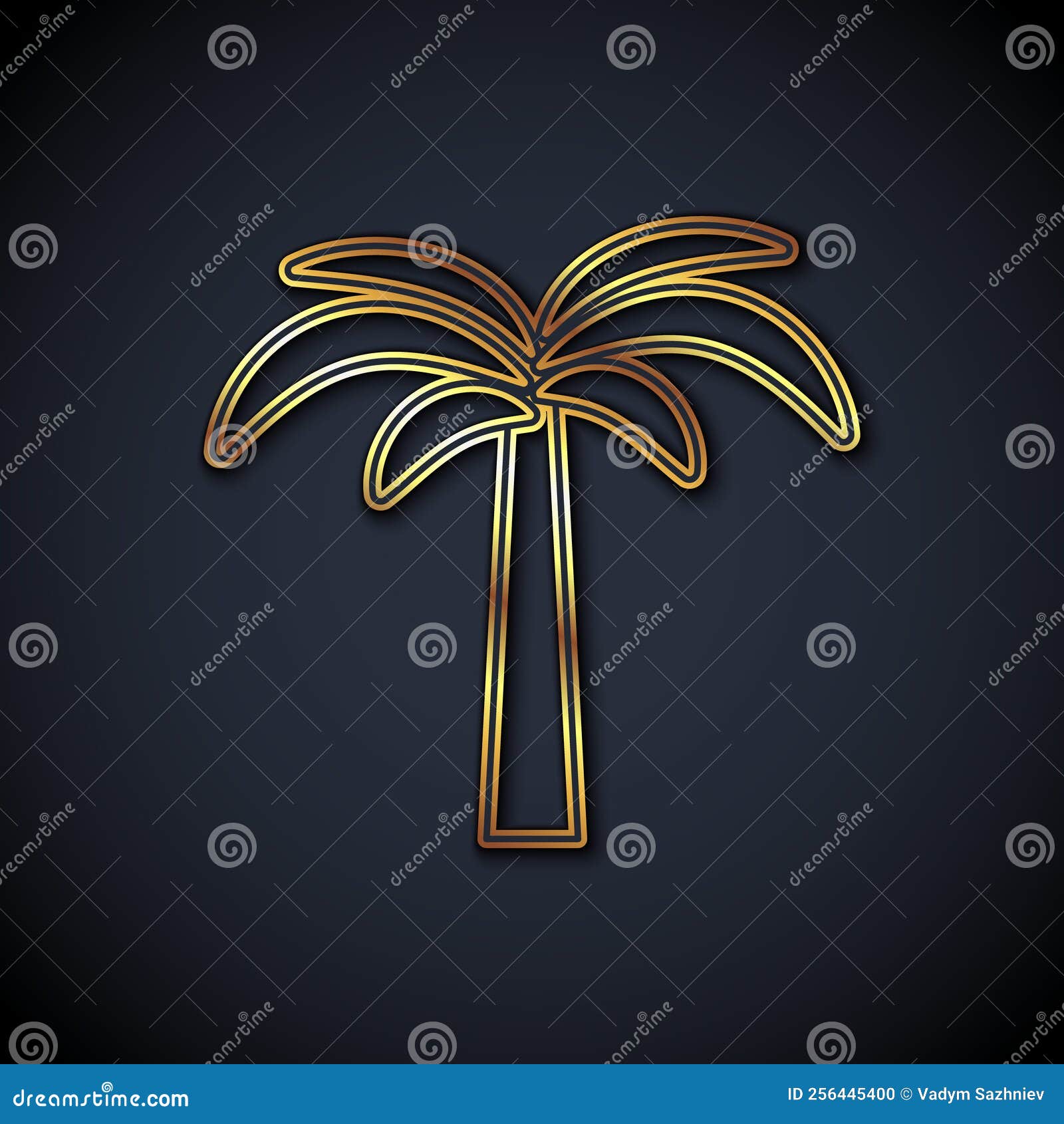 Gold Line Tropical Palm Tree Icon Isolated on Black Background. Coconut ...