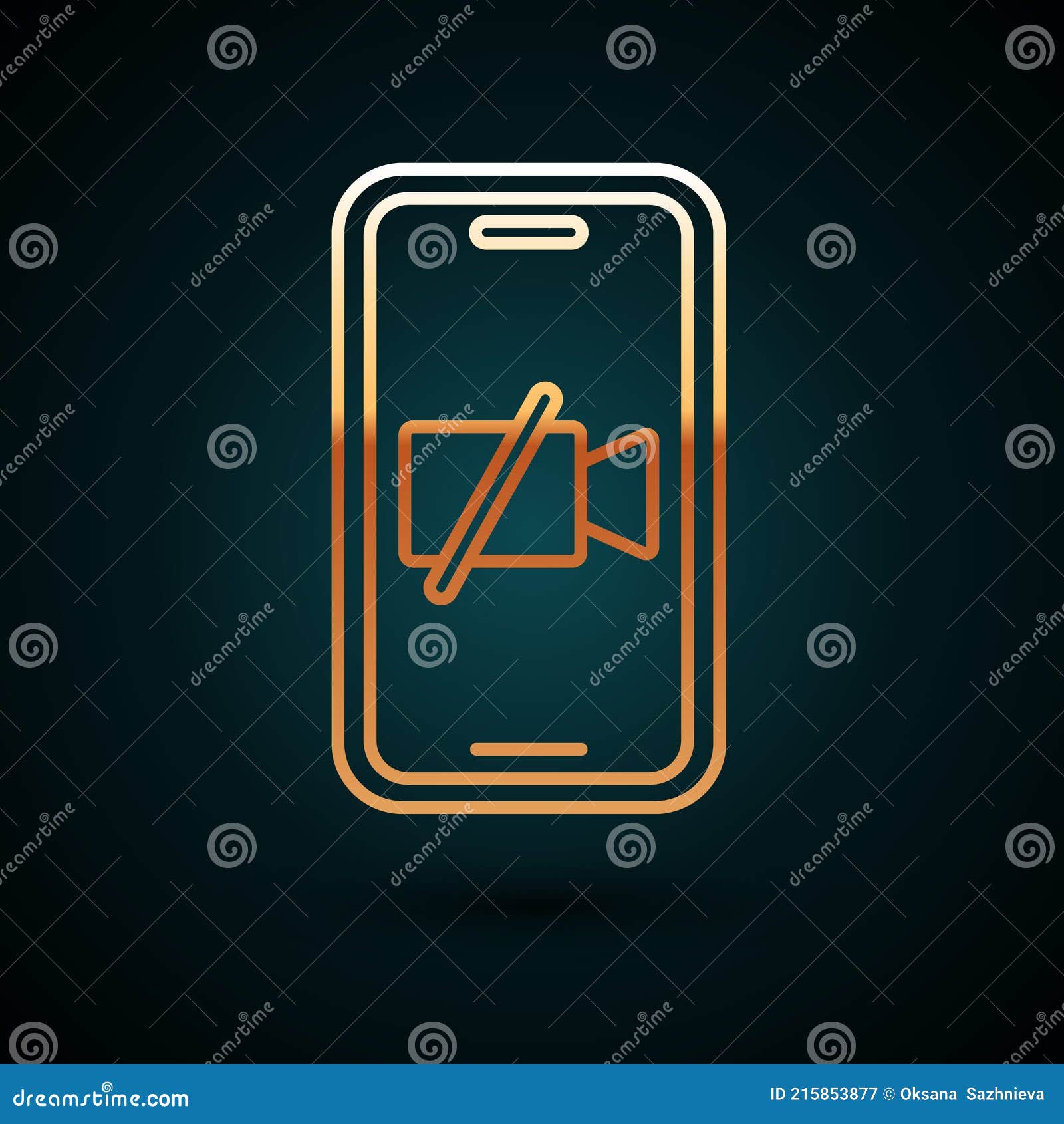 Gold Line Video Camera Off on Mobile Screen Icon Isolated on Dark Blue ...