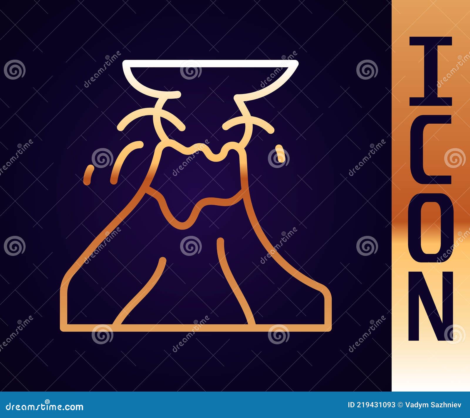 Gold Line Volcano Eruption with Lava Icon Isolated on Black Background ...
