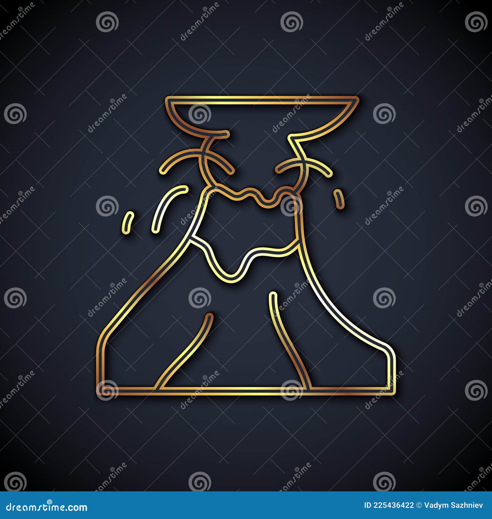 Gold Line Volcano Eruption with Lava Icon Isolated on Black Background ...