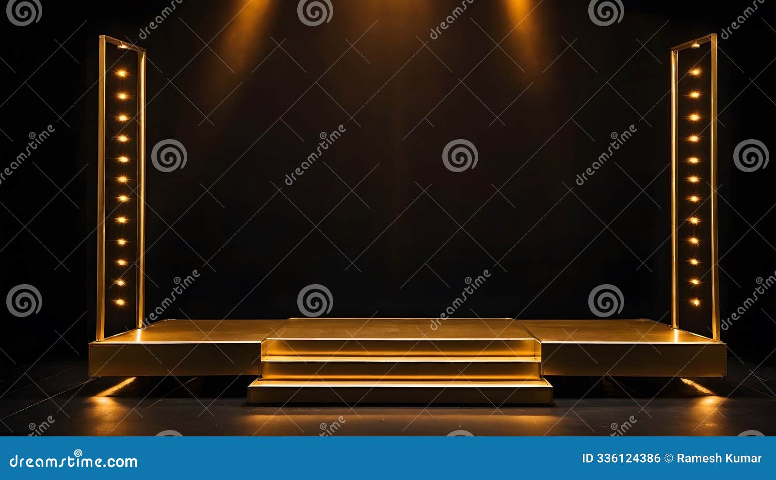 Gold-lit Stage Setup For Performances In A Theater With A Dark Backdrop ...