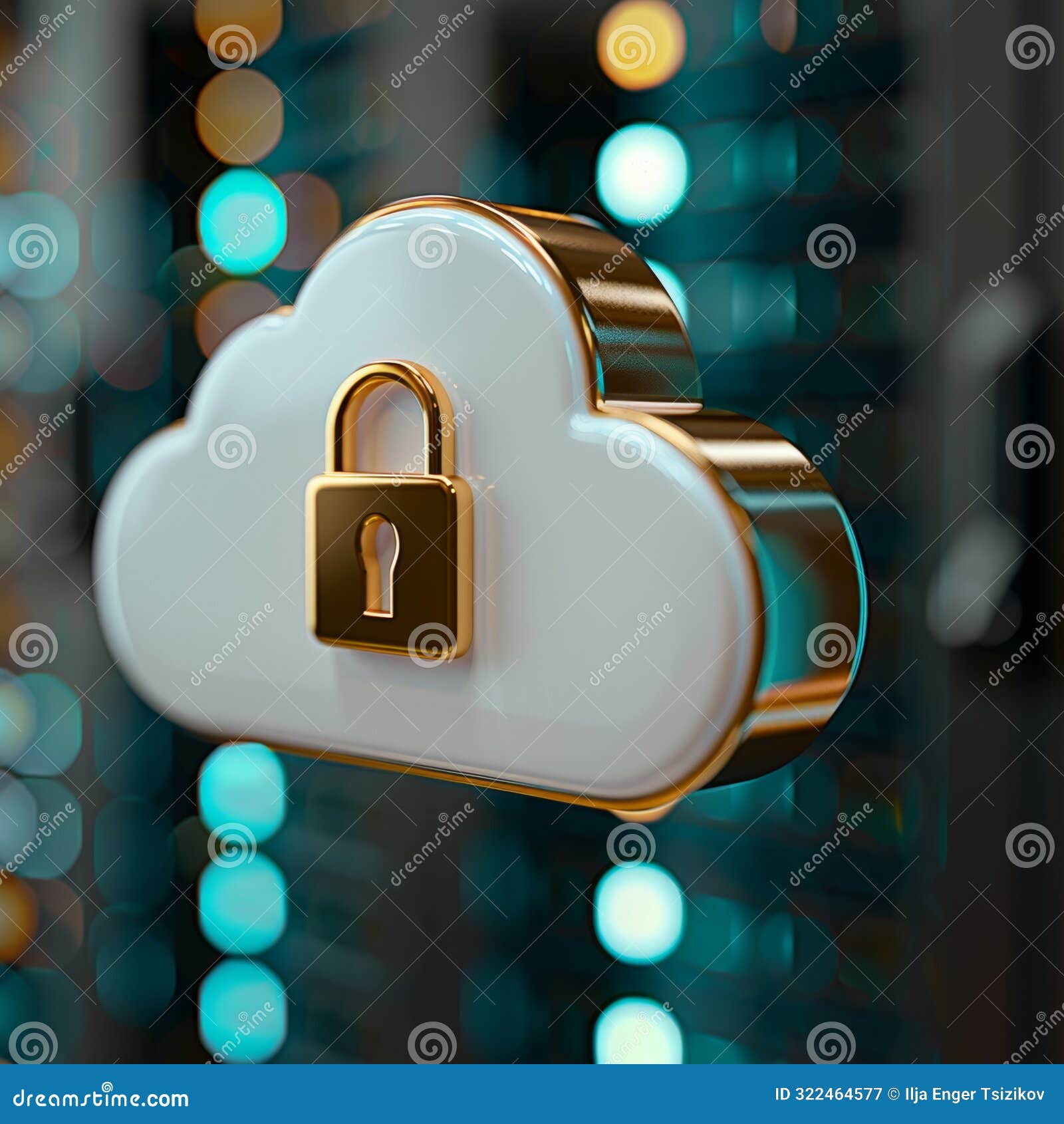 Gold Lock Icon on White Cloud in Server Room with Blue Lights ...