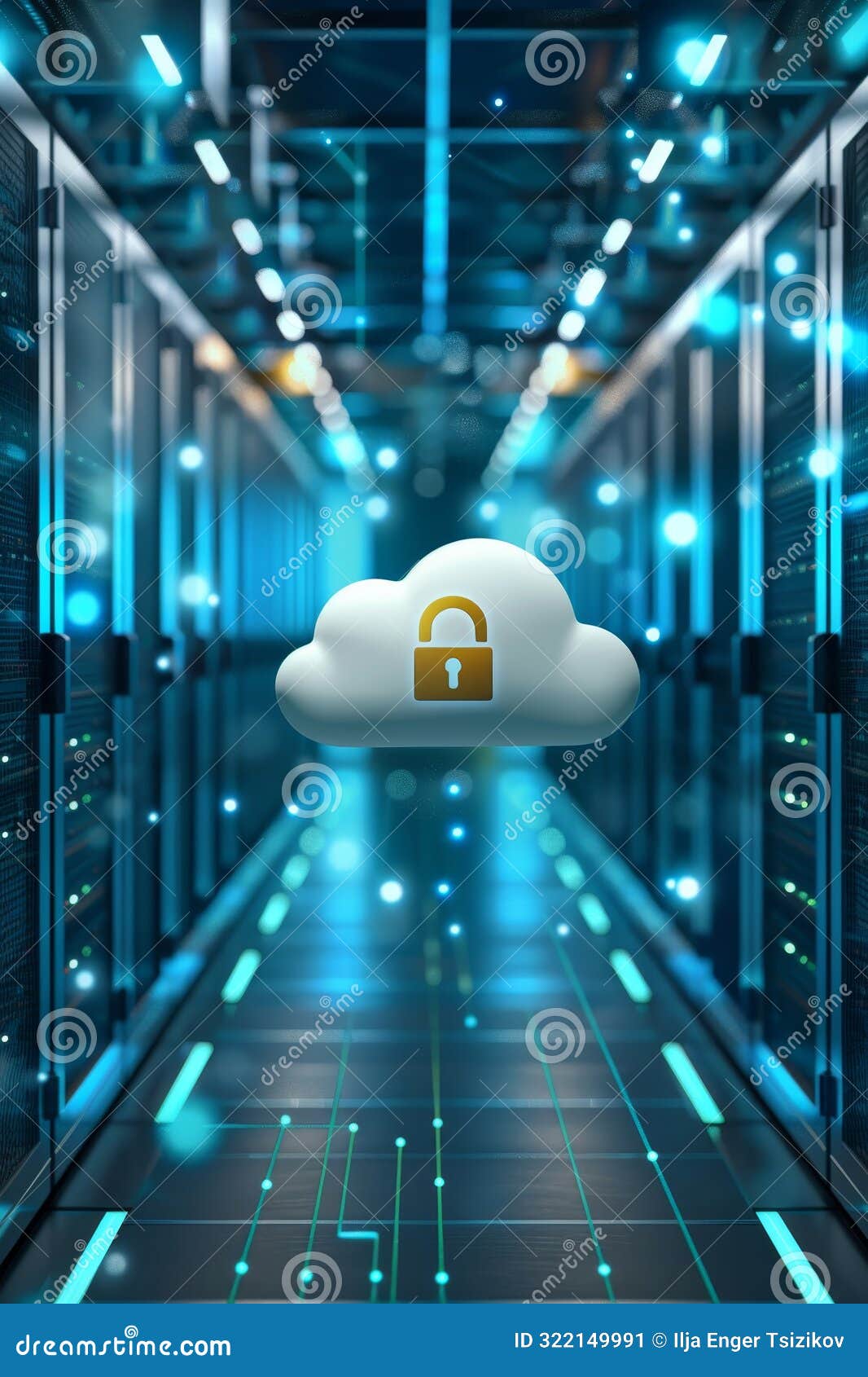 Gold Lock Icon on White Cloud in Server Room with Flashing Blue Lights ...