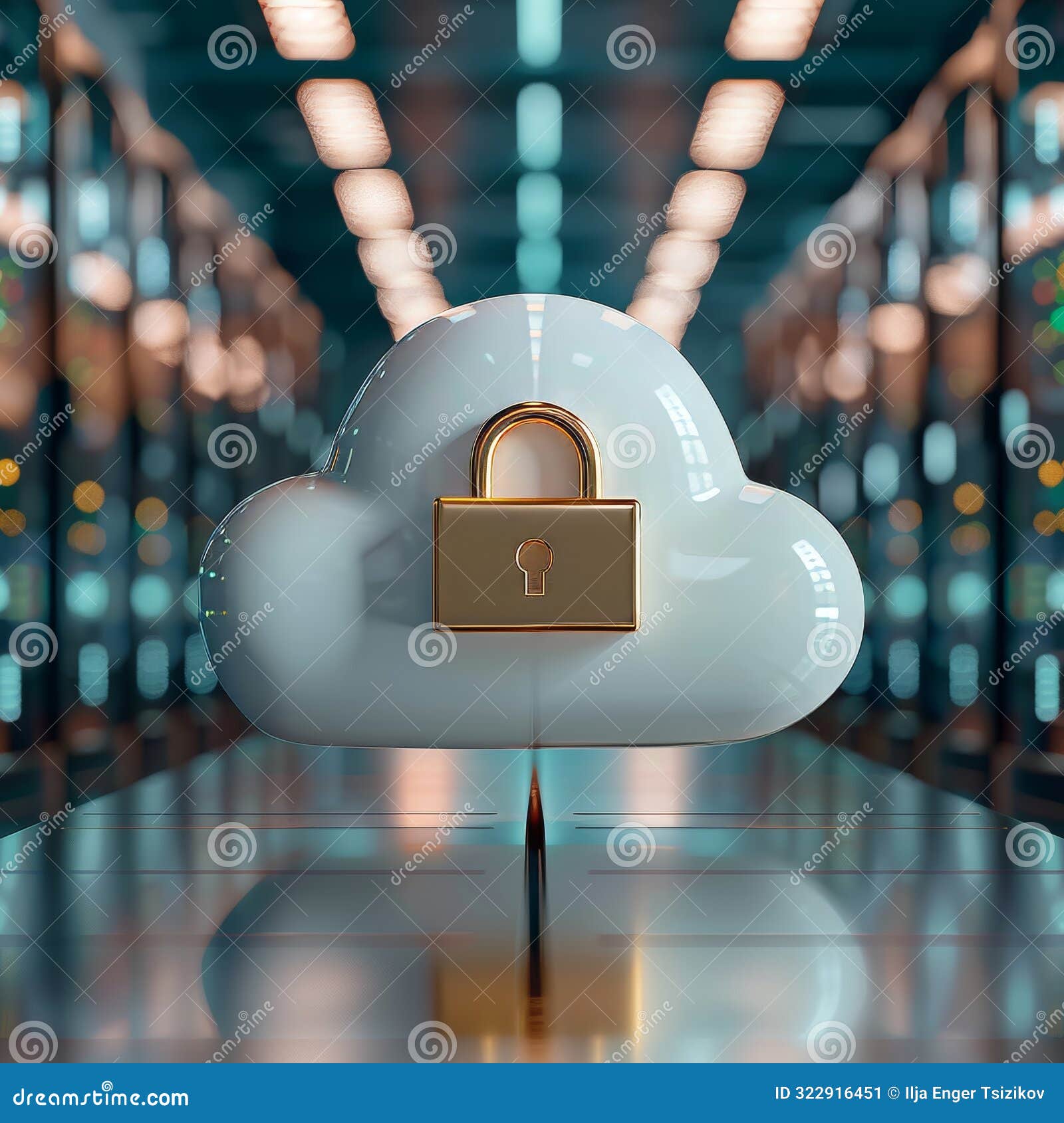 Gold Lock Icon on White Cloud in Server Room with Flashing Blue Lights ...
