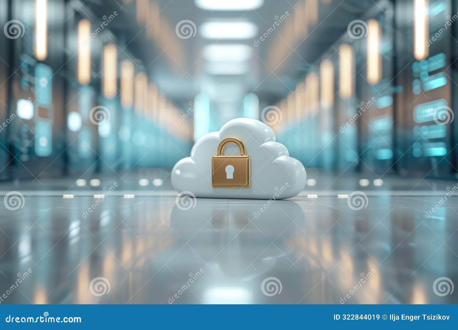 Gold Lock Icon on White Cloud in a Server Room with Flashing Blue ...