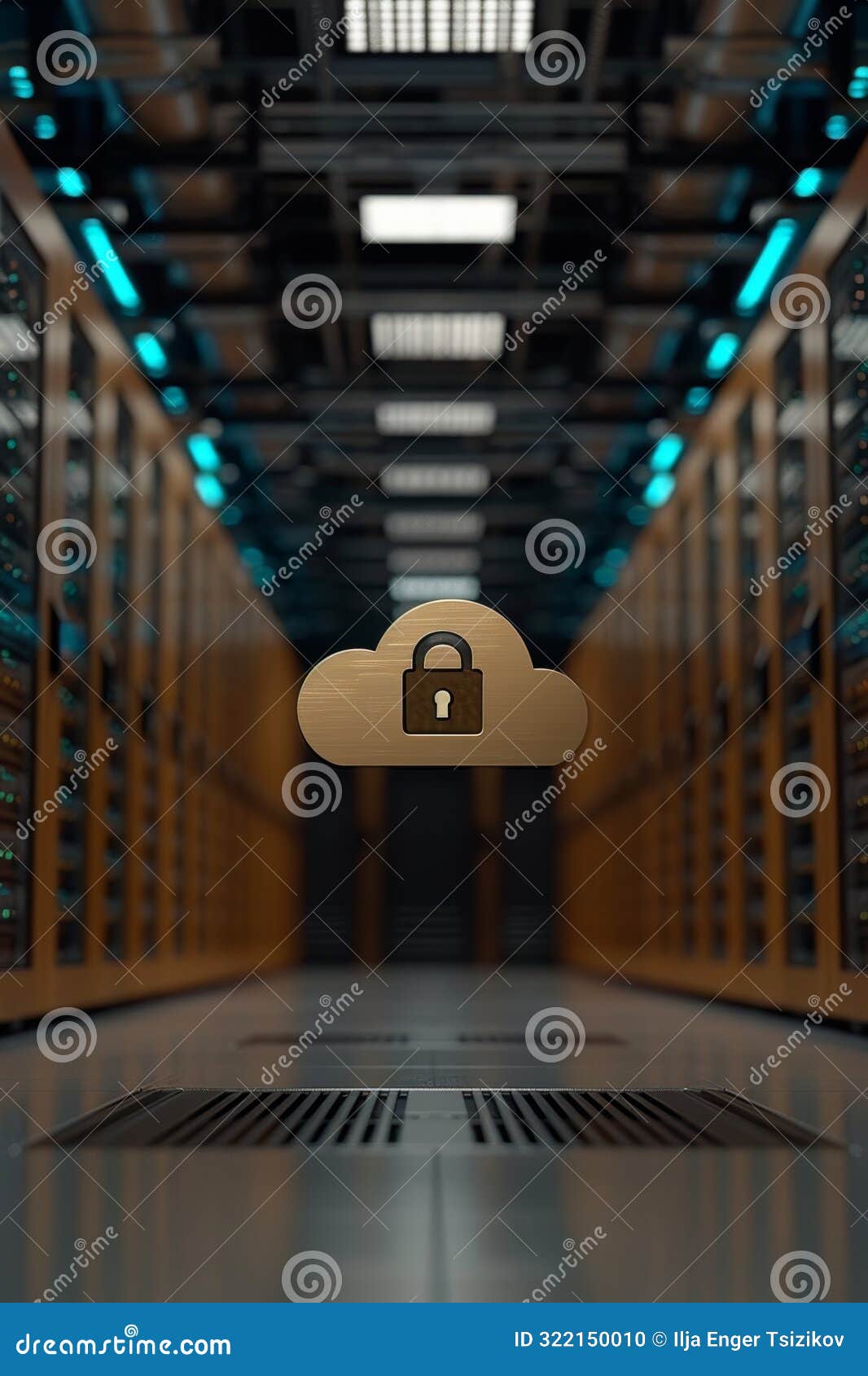 Gold Lock Icon on White Cloud in Technology Setting with Blinking Blue ...