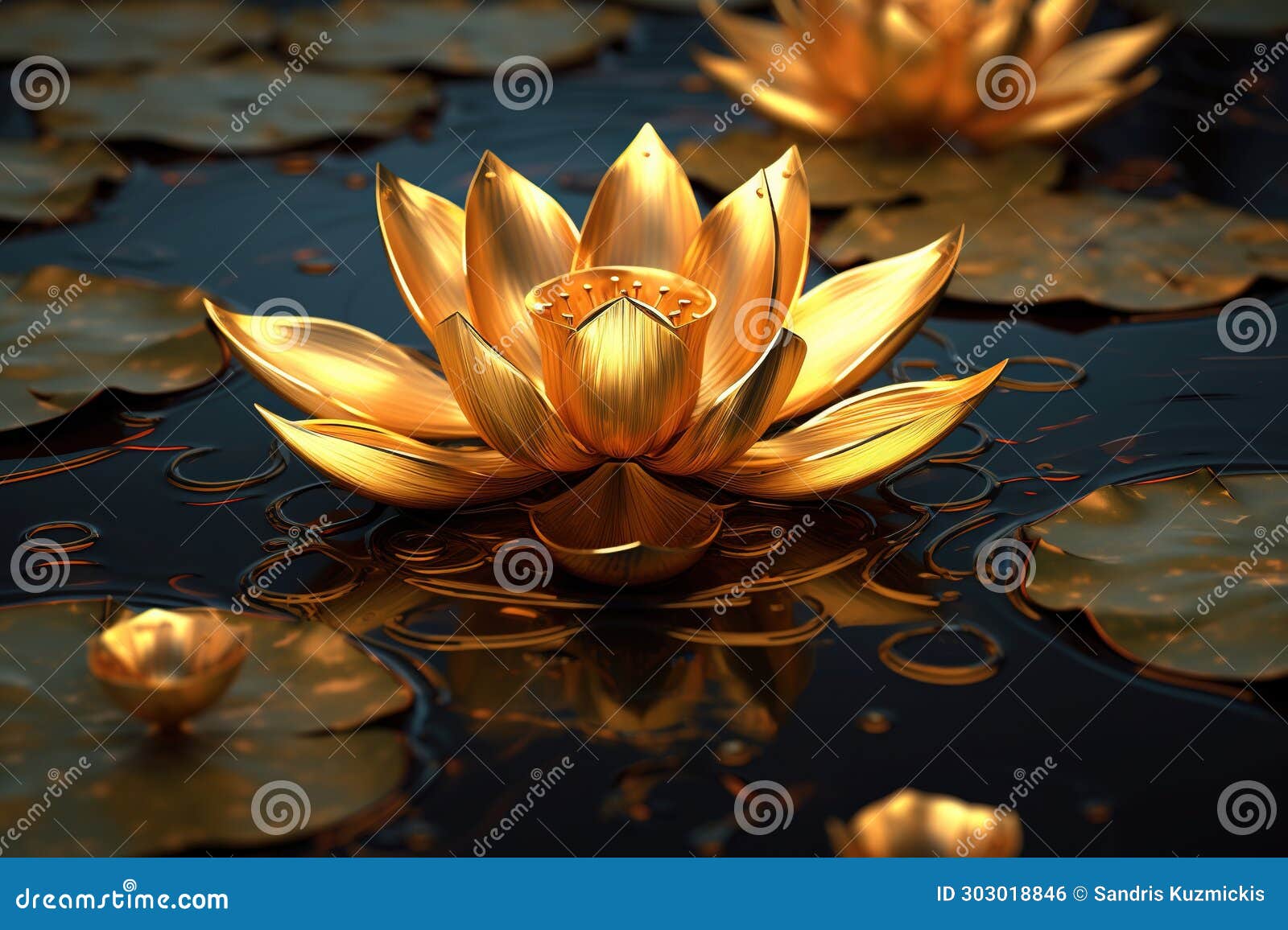 Gold Lotus Flowers in Water. Generative AI Stock Illustration ...