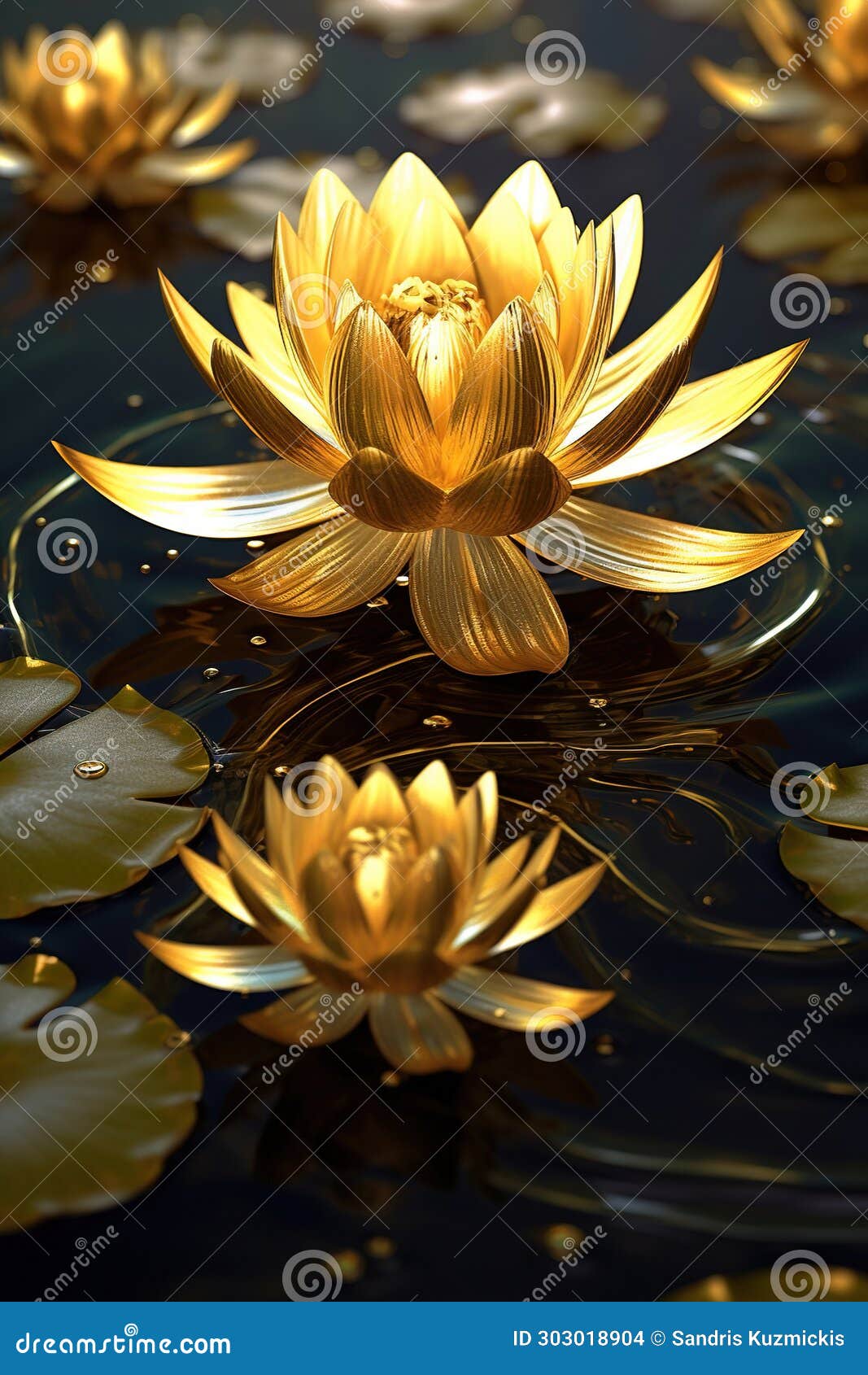 Gold Lotus Flowers in Water. Generative AI Stock Illustration ...