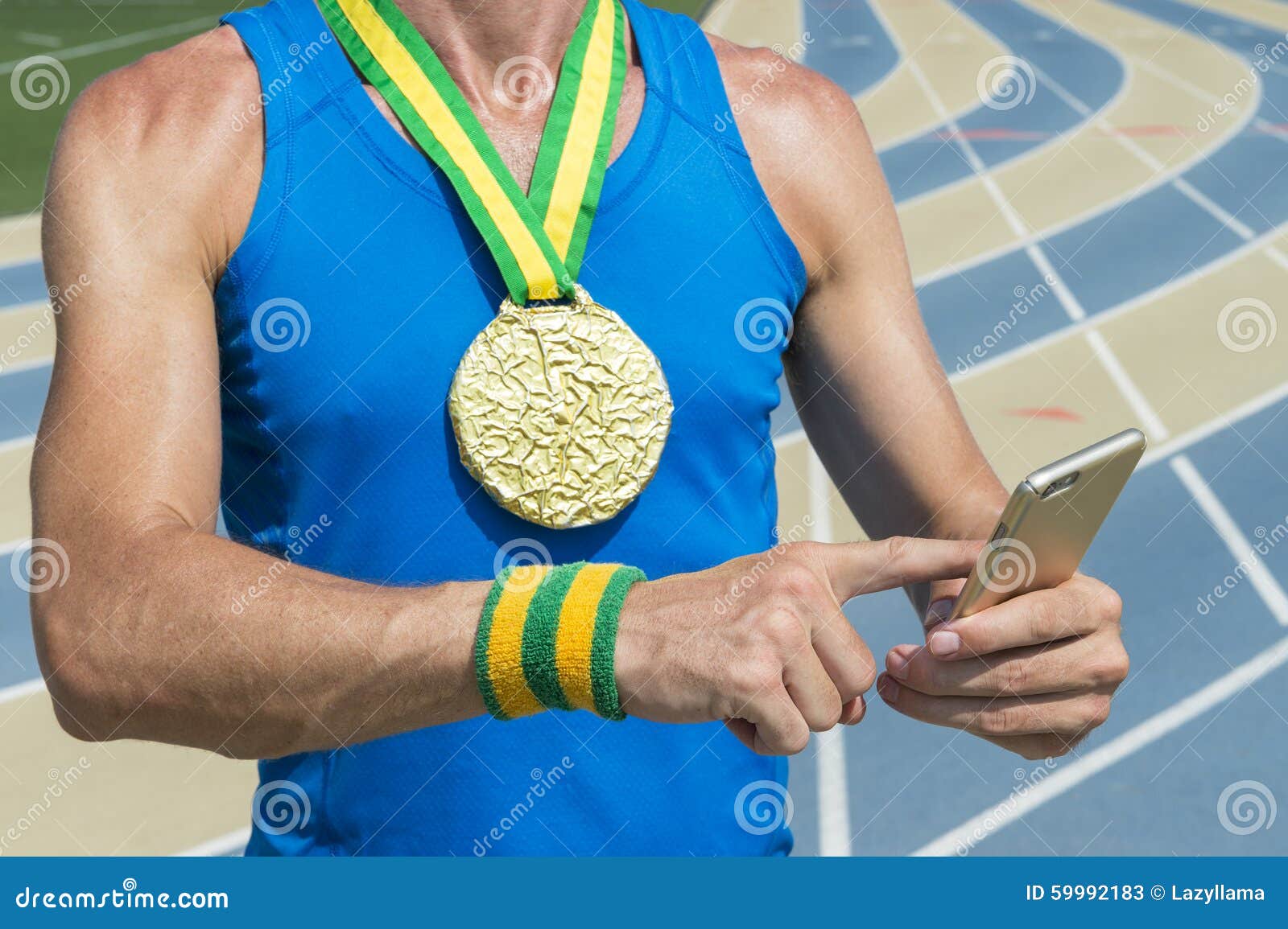 Gold Medal Track Athlete Using Mobile Phone Stock Image - Image of ...