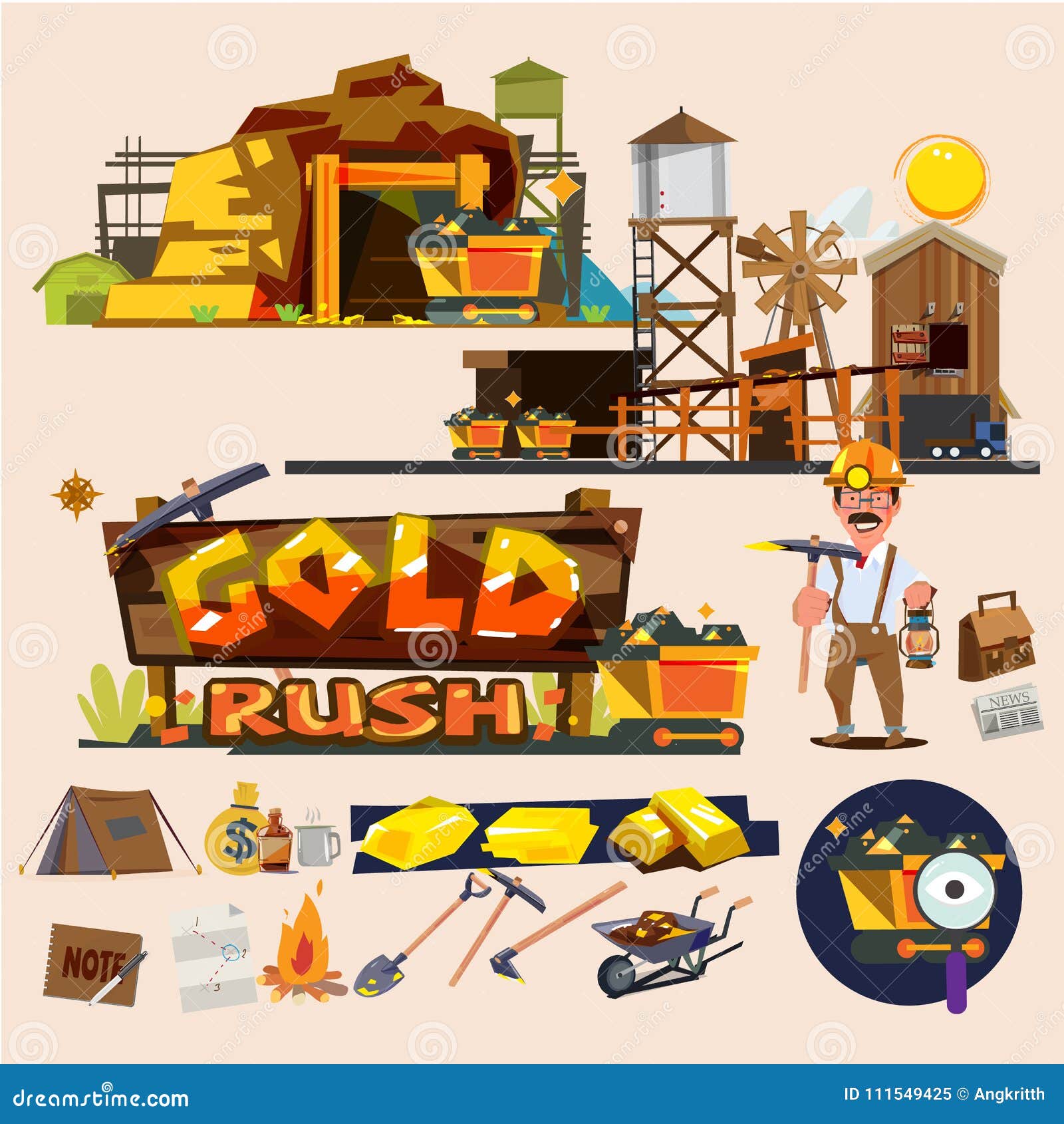 Miner Character With Trolley, Worker Pushing Wheeled Cart Filled With ... Miner Character With Trolley, Worker Pushing Wheeled Cart Filled With ...