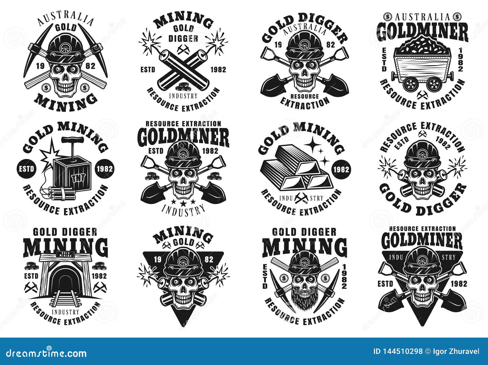 Gold Mining Big Set of Twelve Vector Black Emblems Stock Vector ...