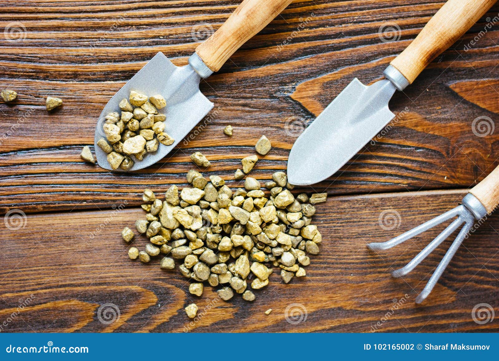 Gold Mining Concept - Golden Sand with Instruments for Mining. Stock ...