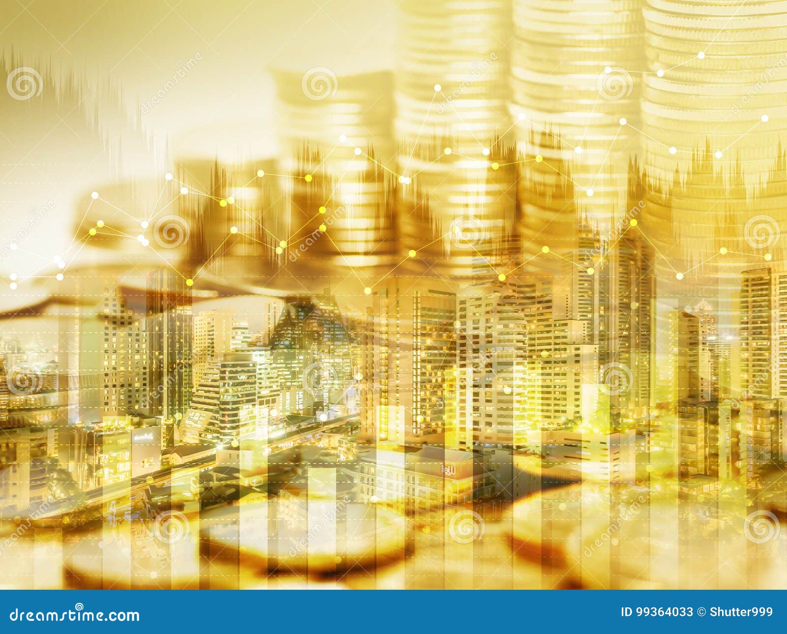 Gold Money Coin Stack and Dot Graph with City Background Stock Image ...